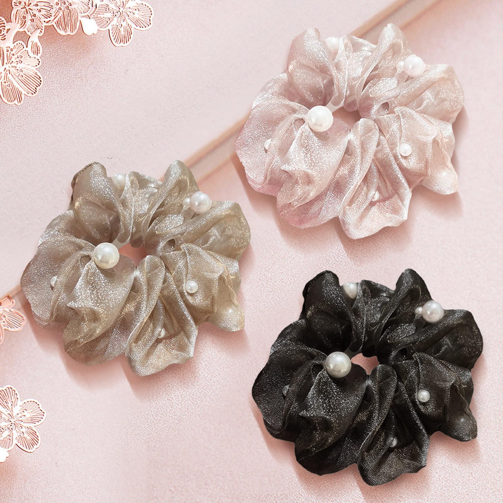 Amazon.com : 3 Pack Pearls Fashion Flower Stretchy Organza Mesh Hair ...