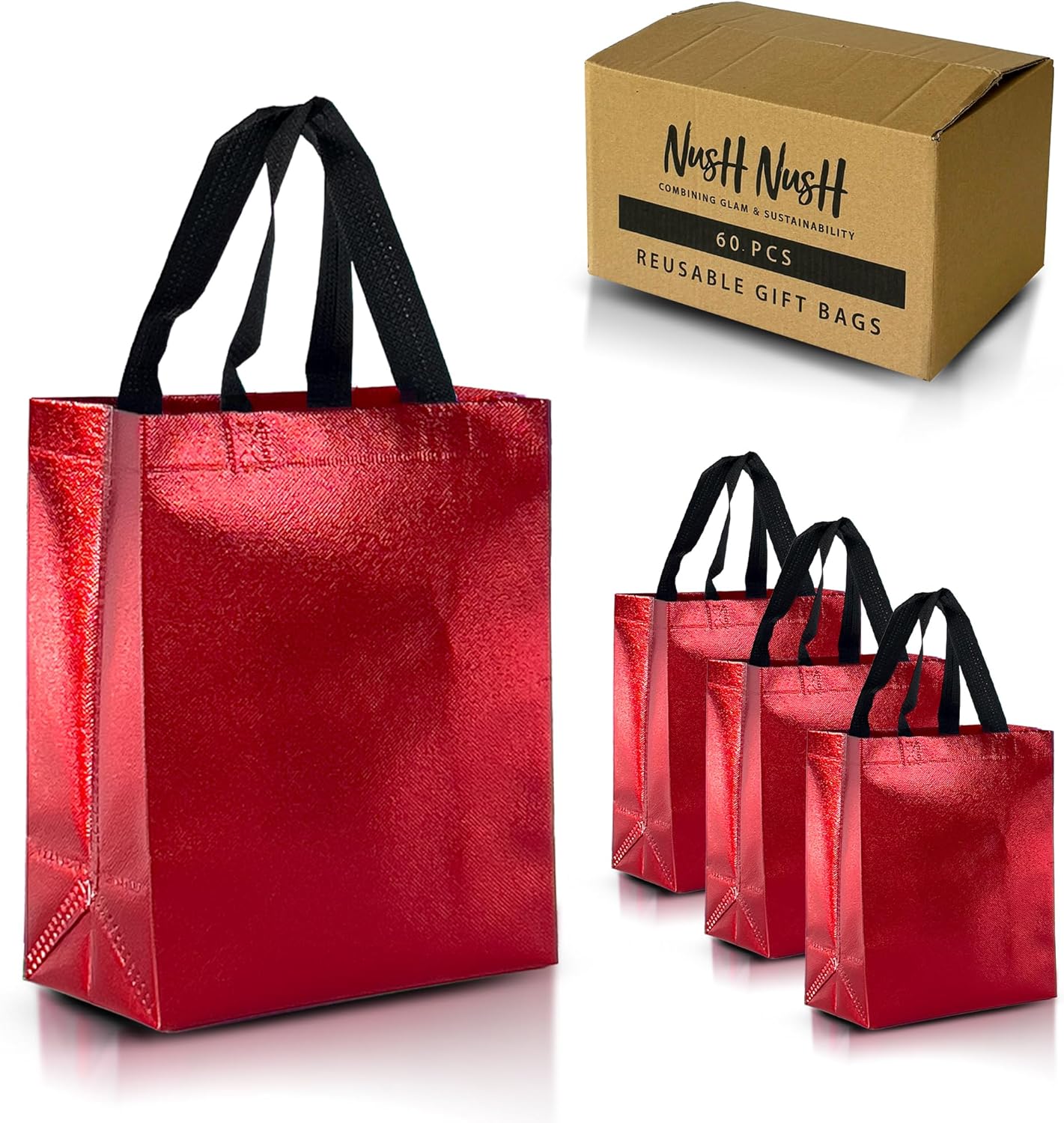 Amazon.com: Nush Nush Set of 60 Shiny Red Gift Bags, Reusable With ...