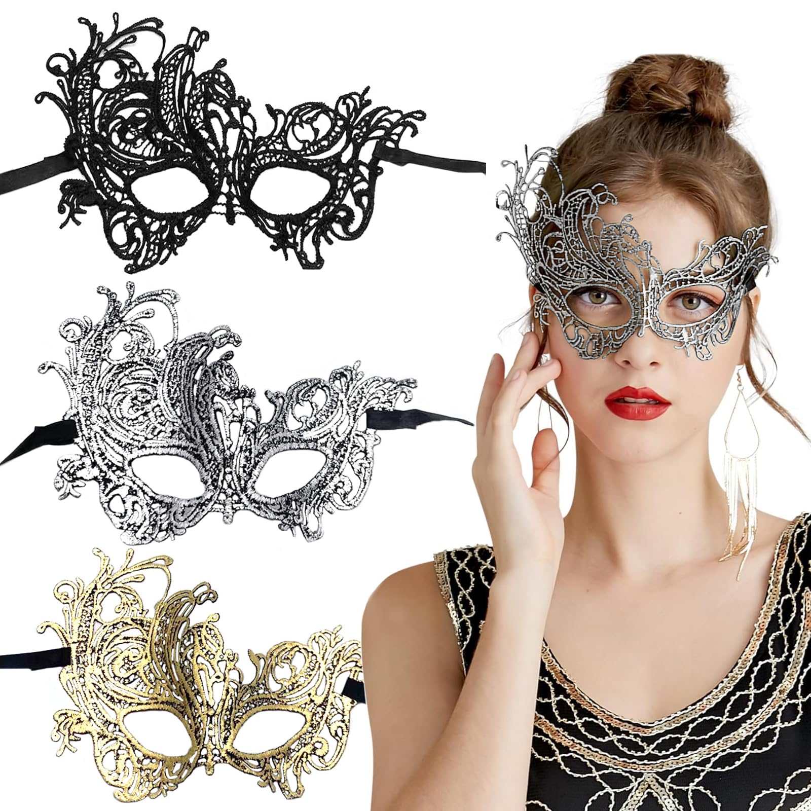 3 Pcs Lace Masquerade Masks, Sexy Lace Masks, Venetian Eye Mask for ...