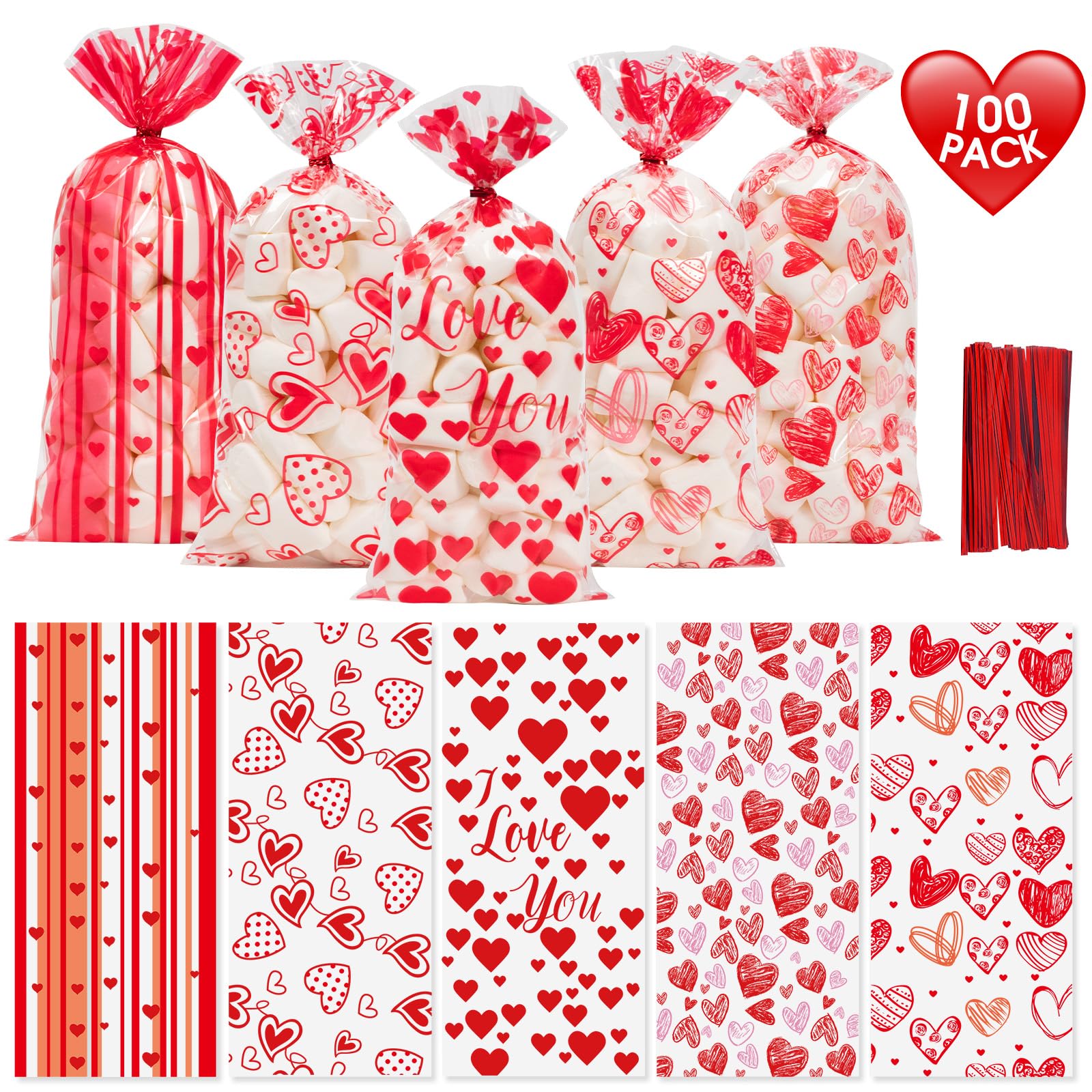 Amazon.com: 100 Pcs Valentine Treat Bags - Red Heart Valentines ...