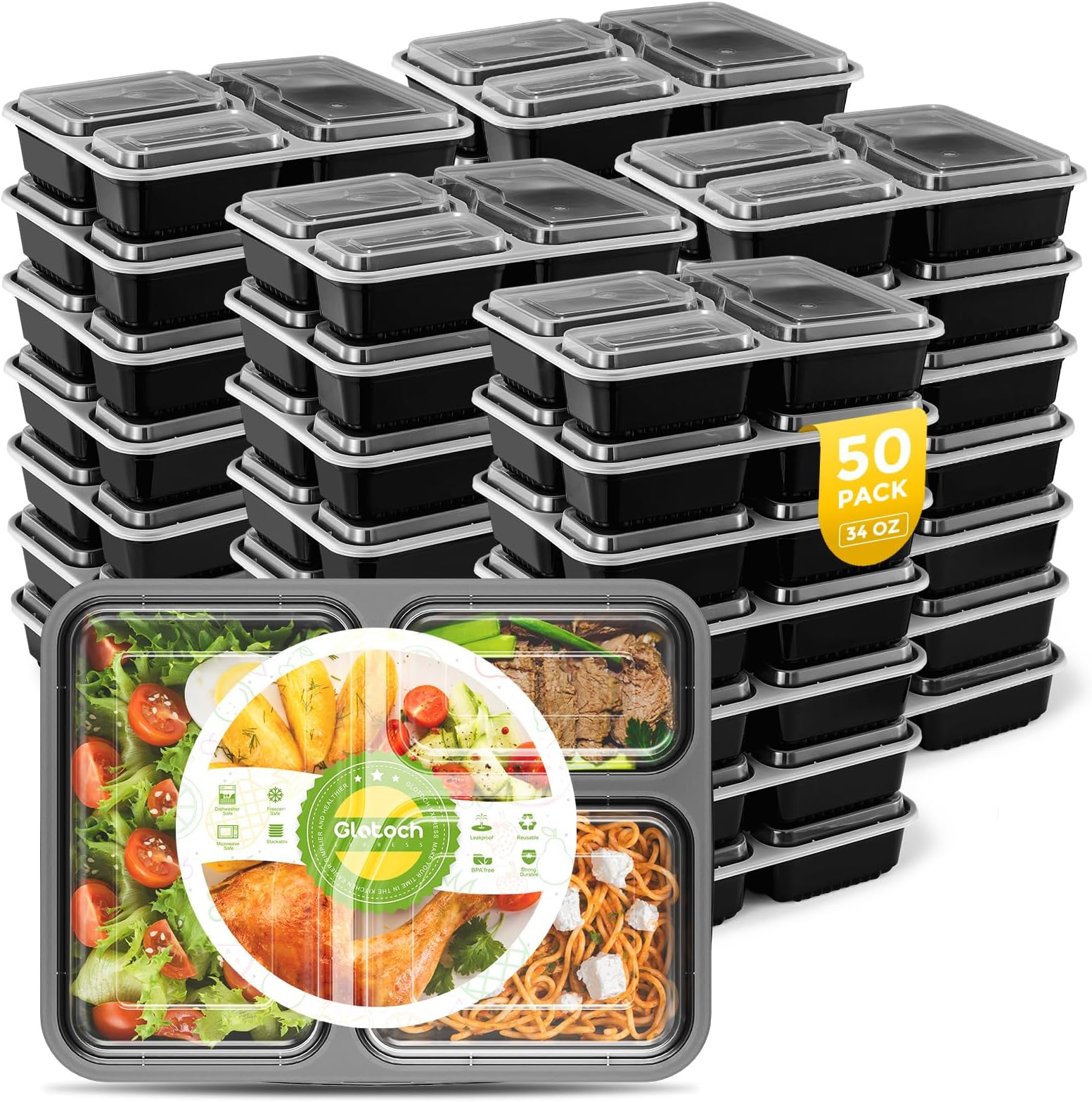 Amazon.com: Glotoch 50 Pack Meal Prep Containers 3 Compartment 34OZ ...