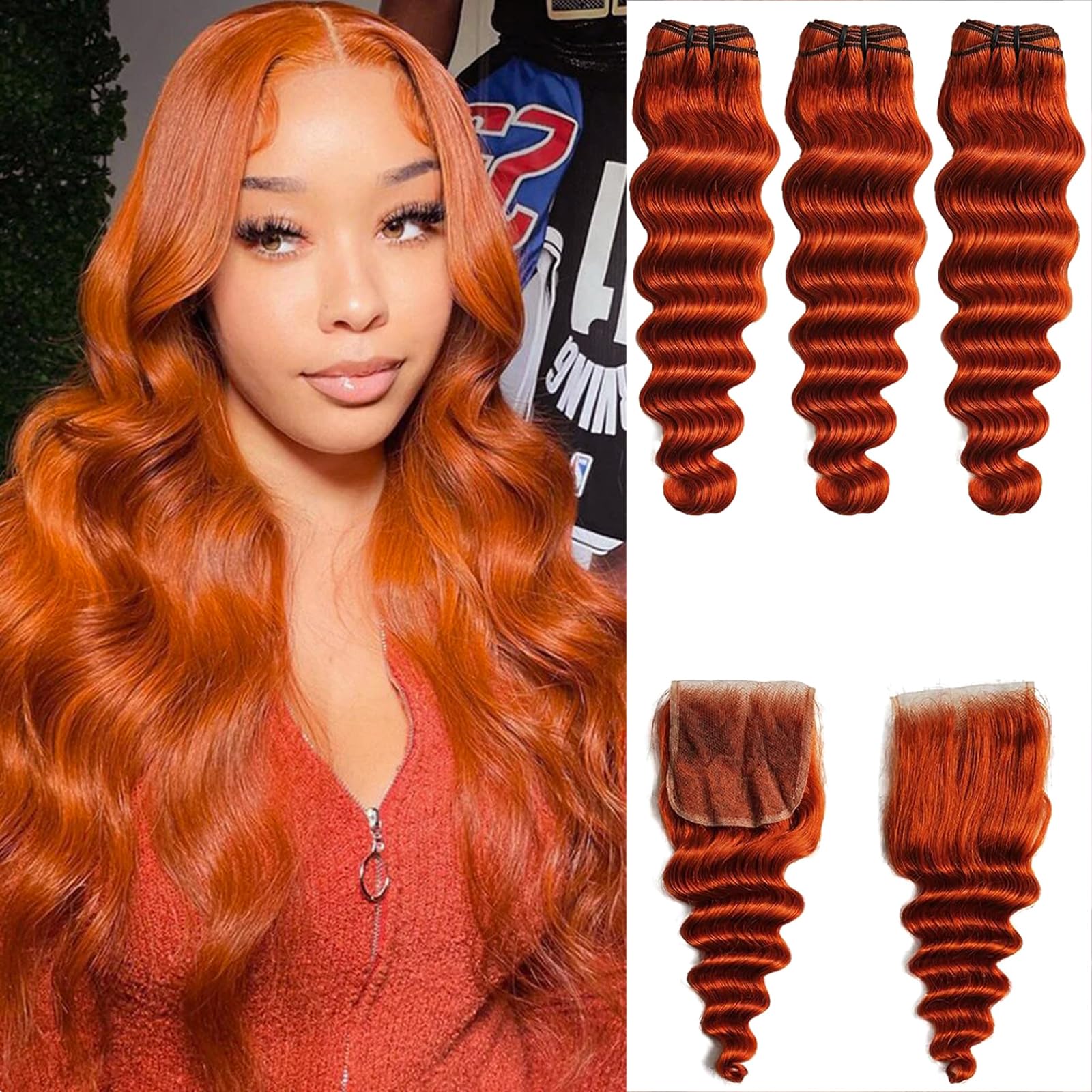 Amazon.com : Ginger Bundles with Closure Loose Deep Human Hair,10A ...