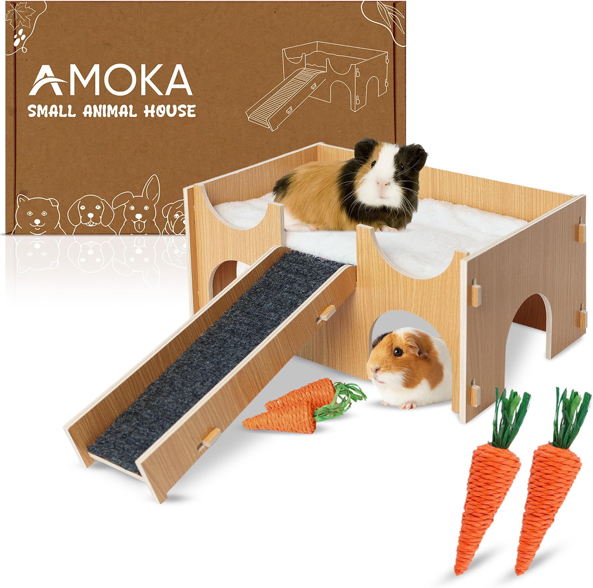 Amazon.com : Amoka Guinea Pig Hideout, Wooden Tunnel with Stairs and Toys for Chinchillas ...