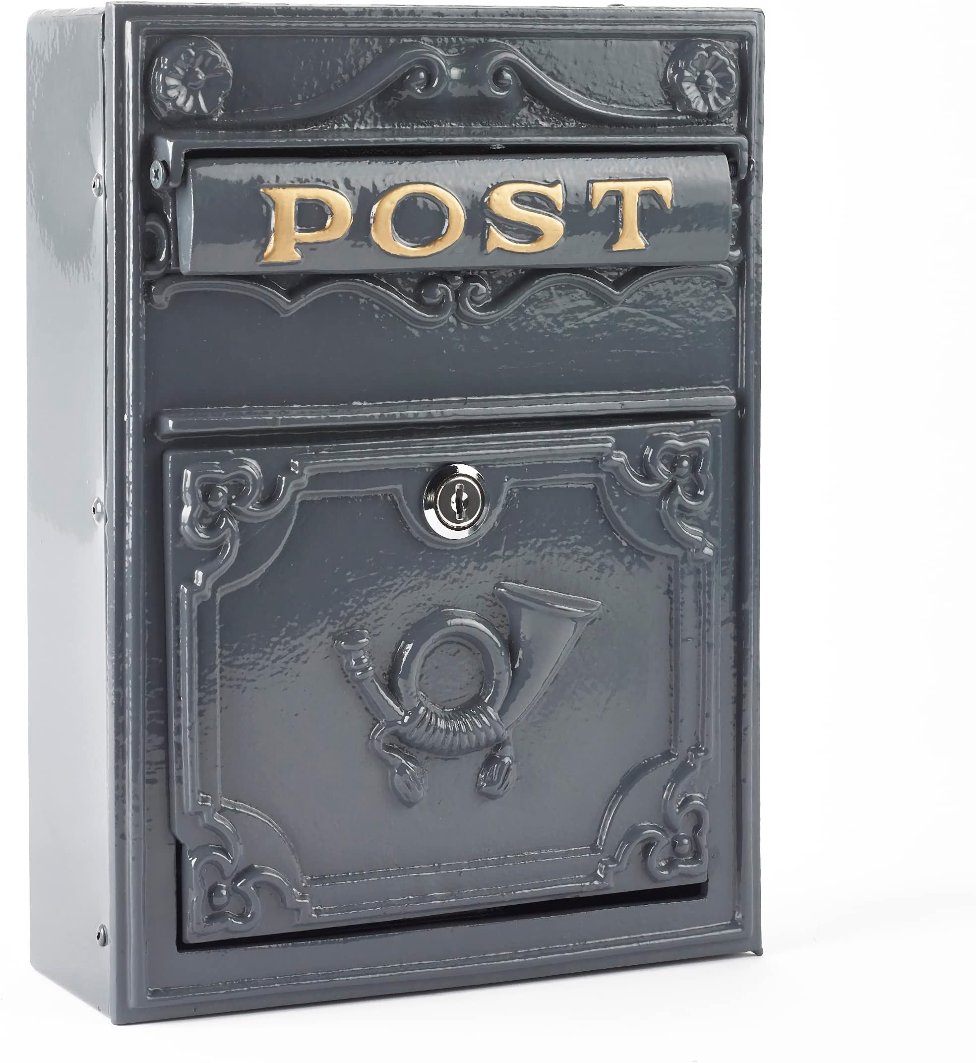 Aljec Grey Post Box Outdoor Lockable Wall Mounted Letterbox Vintage ...