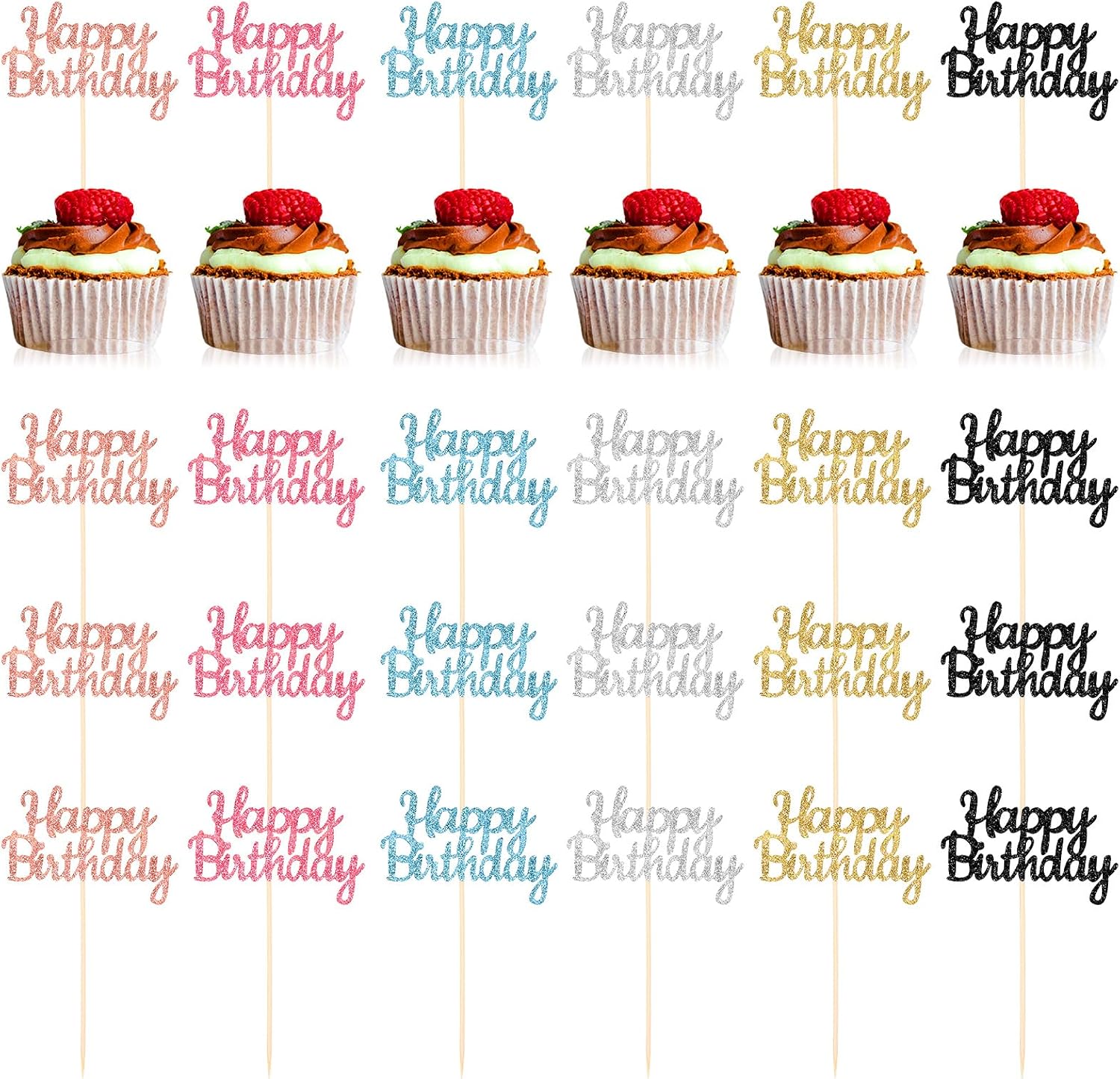 Amazon.com: 24 Pcs Happy Birthday Cupcake Toppers Colorful Glitter ...