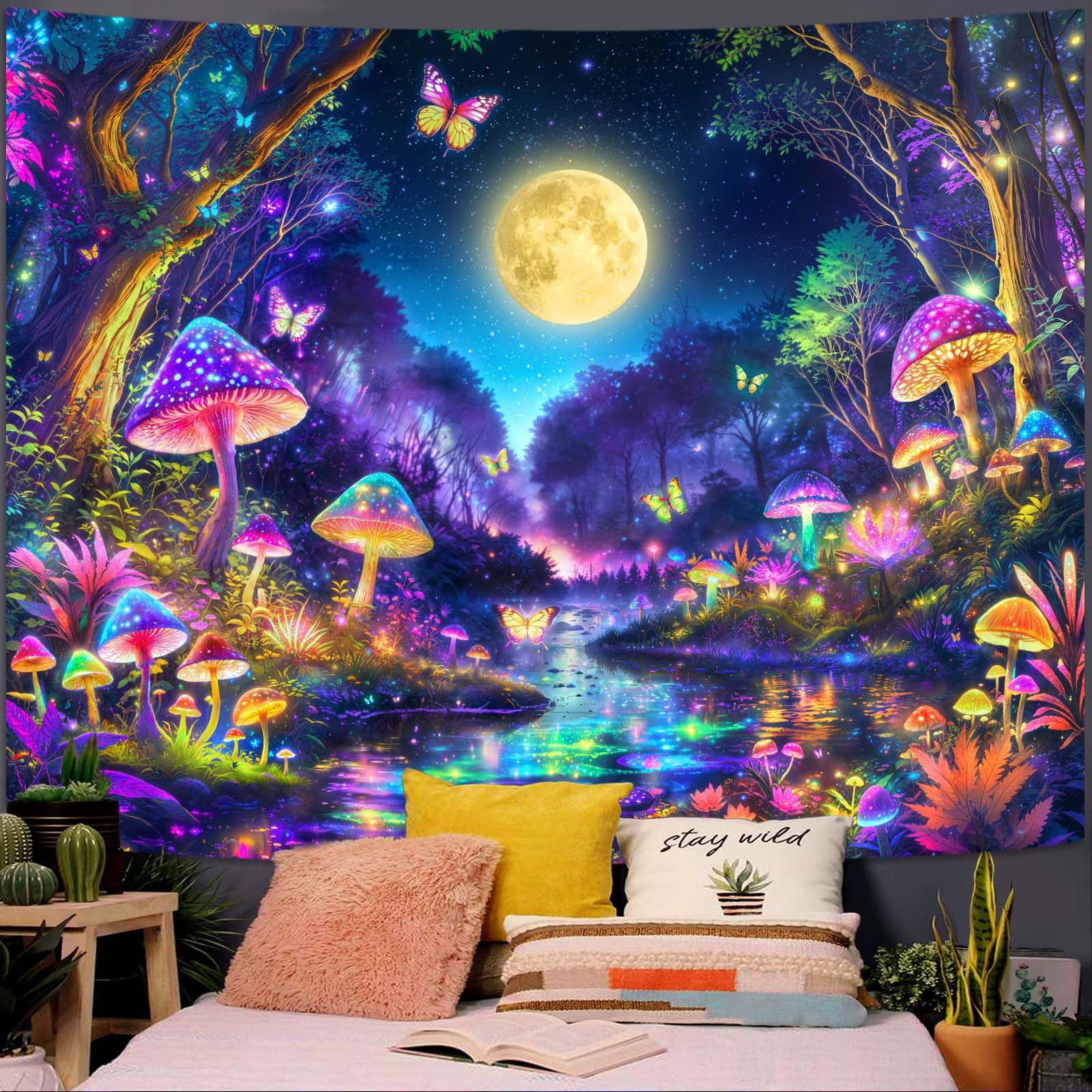 Amazon.com: Kanuyee Blacklight Tapestry Butterfly Moon Wall Tapestry ...