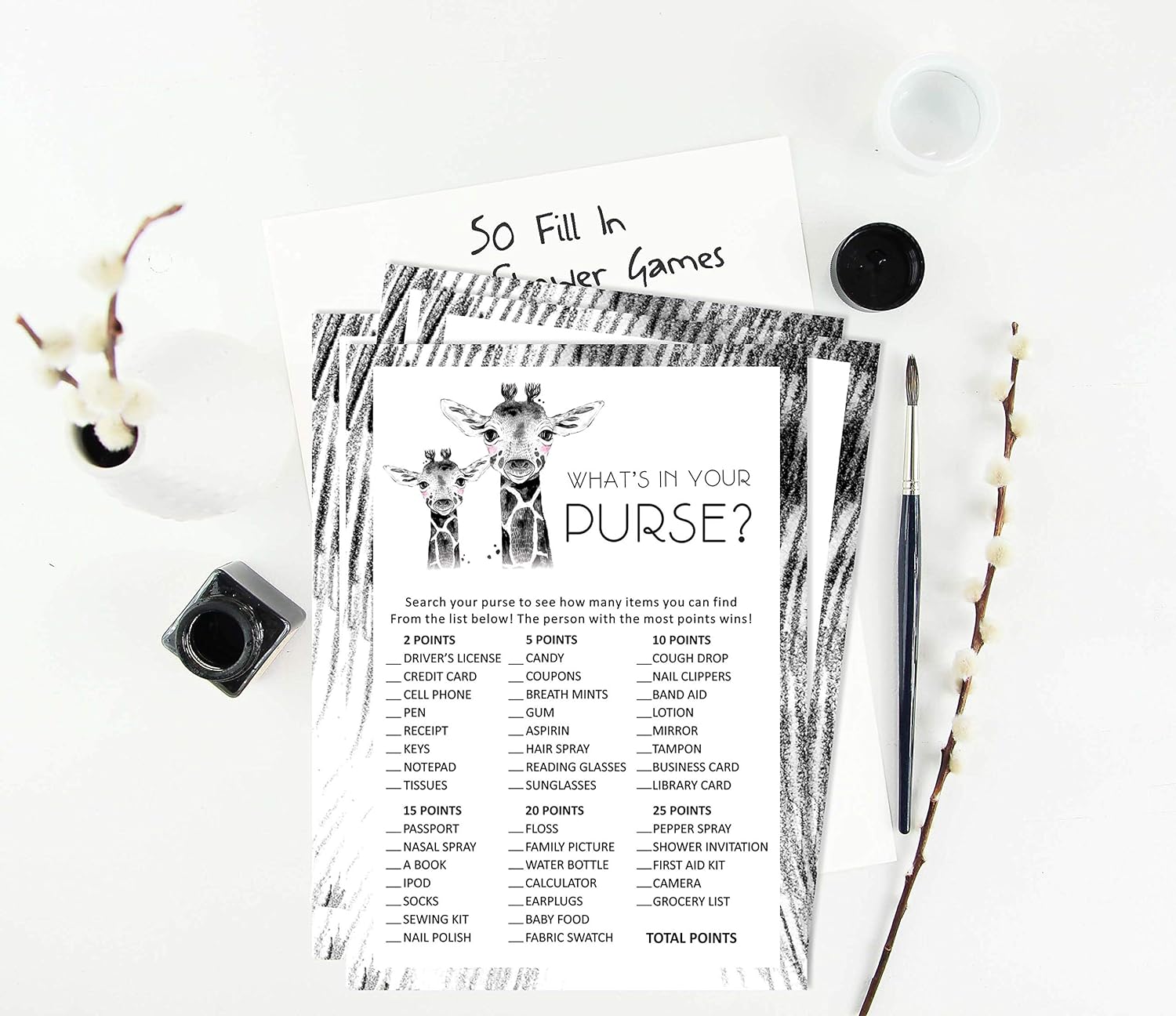 Inkdotpot 50 Sheets What’s In Your Purse Baby Shower Game Cards Giraffe ...