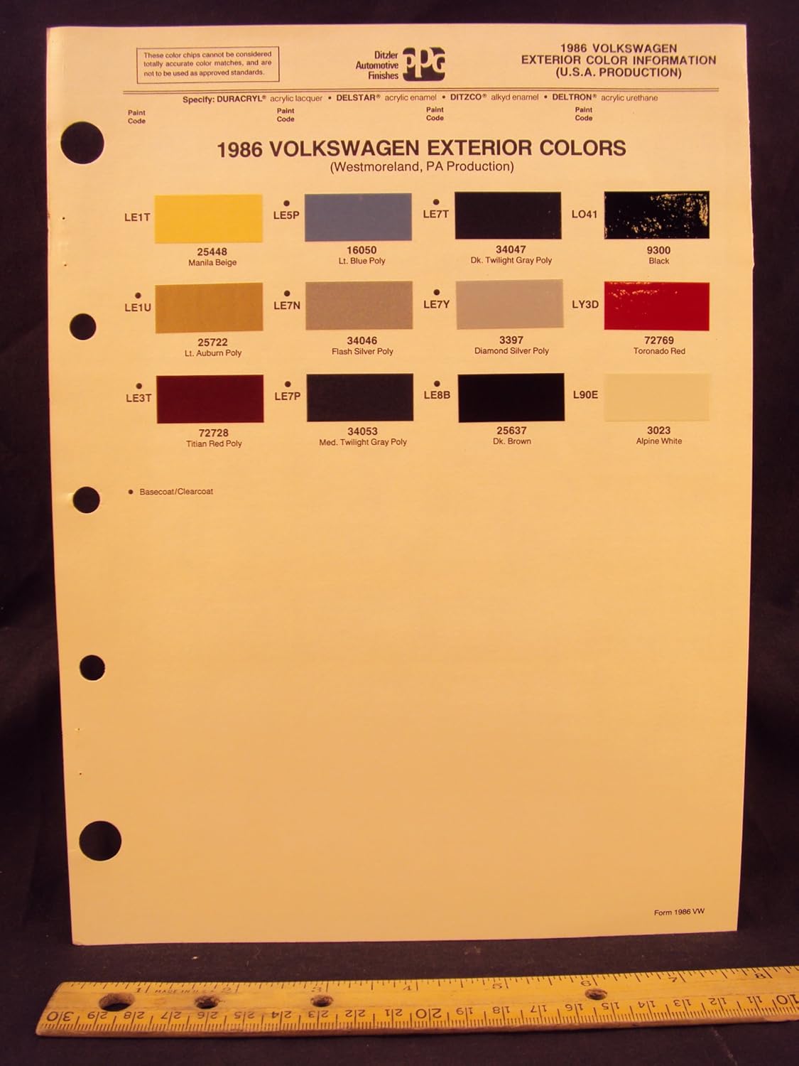 1986 VOLKSWAGEN / VW Paint Colors Chip Page: Volkswagen Group: Amazon ...