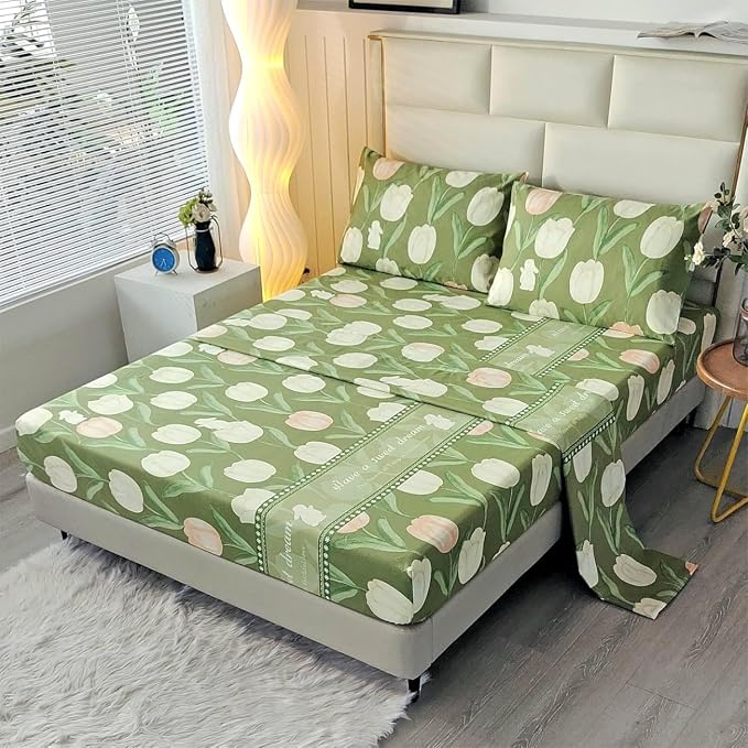 Amazon.com: SDIII 4PCS Green Floral Sheets Set Full, Soft Microfiber ...