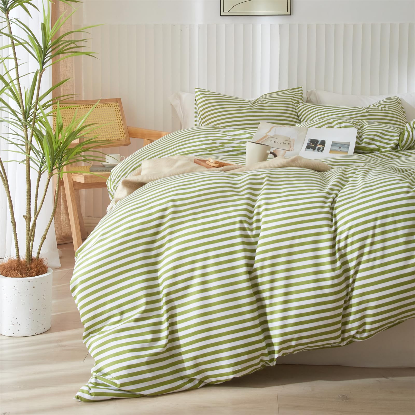 Amazon.com: mixinni Striped Comforter Set King Size - Green White ...
