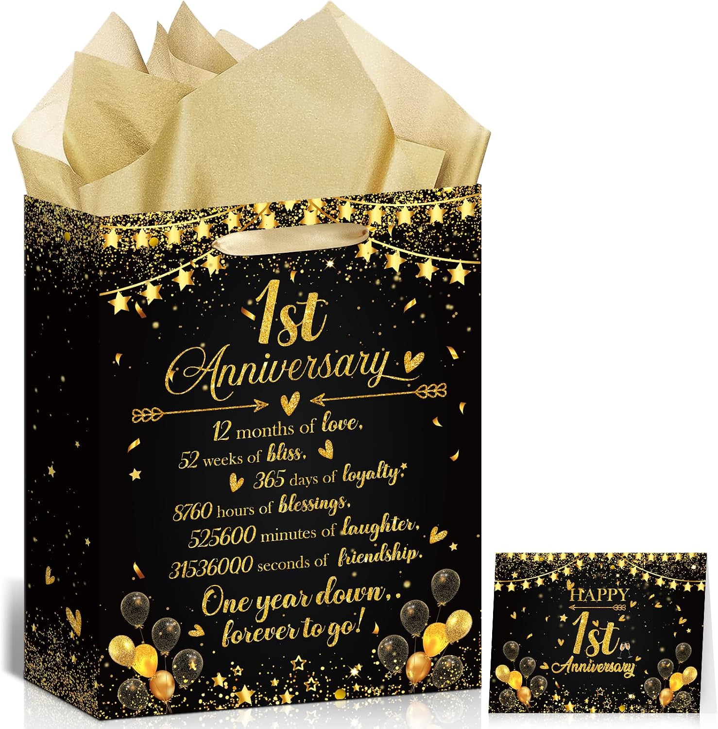 Amazon.com: Happy 1st Anniversary Party Favor Bag Black Gold One Year ...