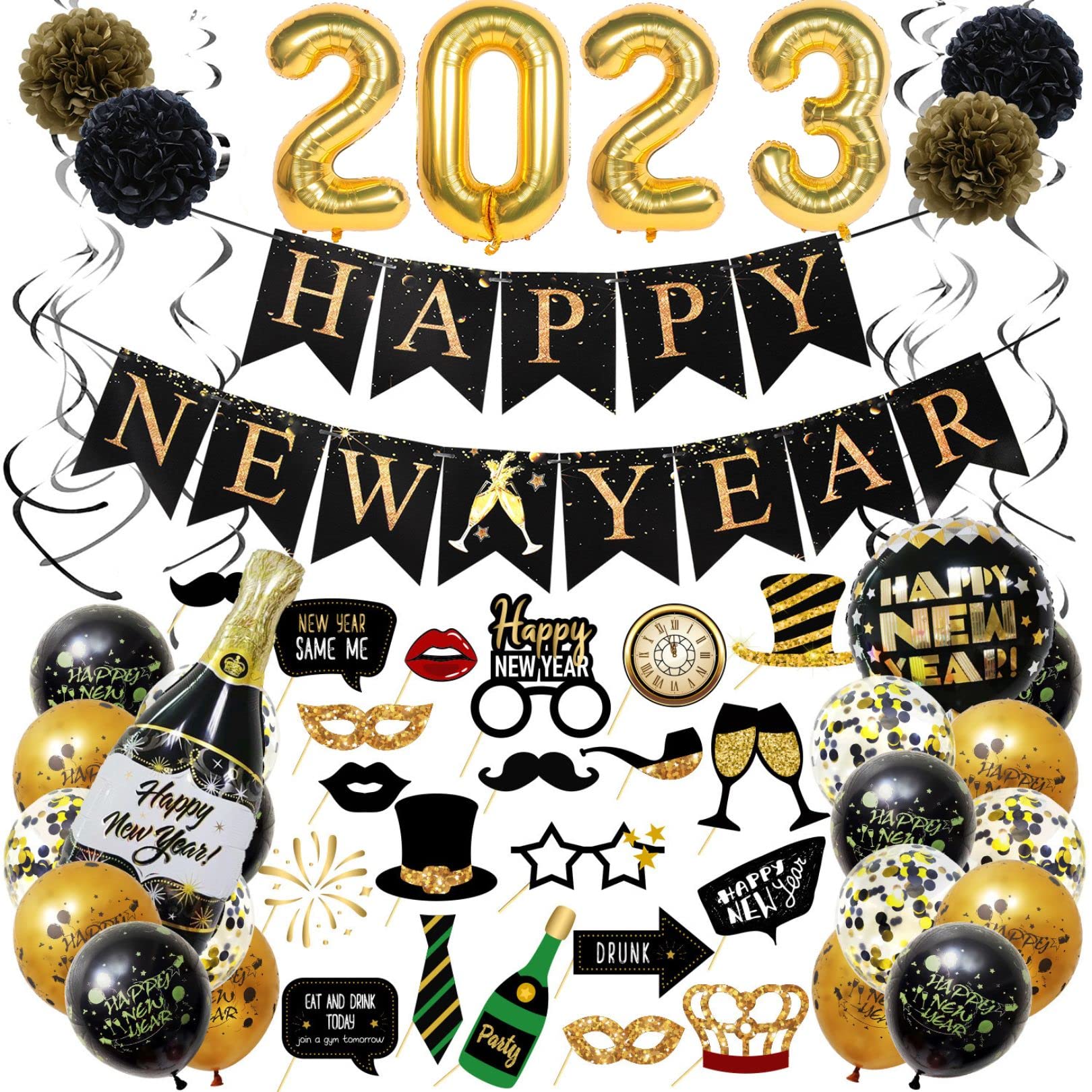 Buy Happy New Year Decorations 2023 Set, Pack Of 80 Gold Happy New Year ...