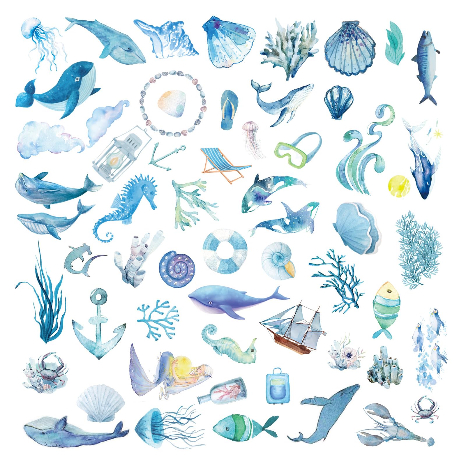 50 Pieces Watercolor Ocean Stickers Blue Ocean Animal Stickers ...