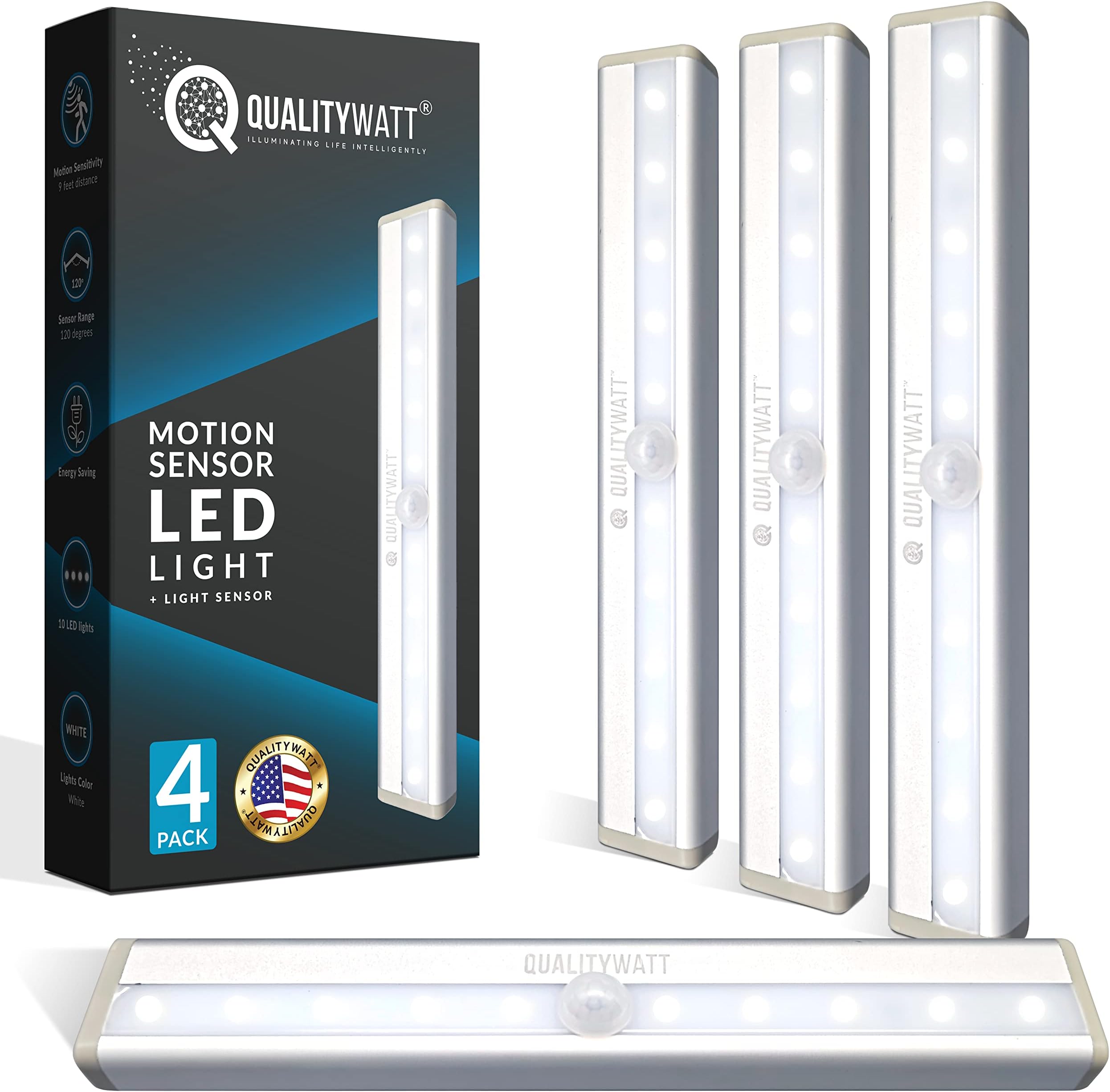 QualityWatt LED Motion Sensor Light Indoor [4-Pack] Battery-powered ...