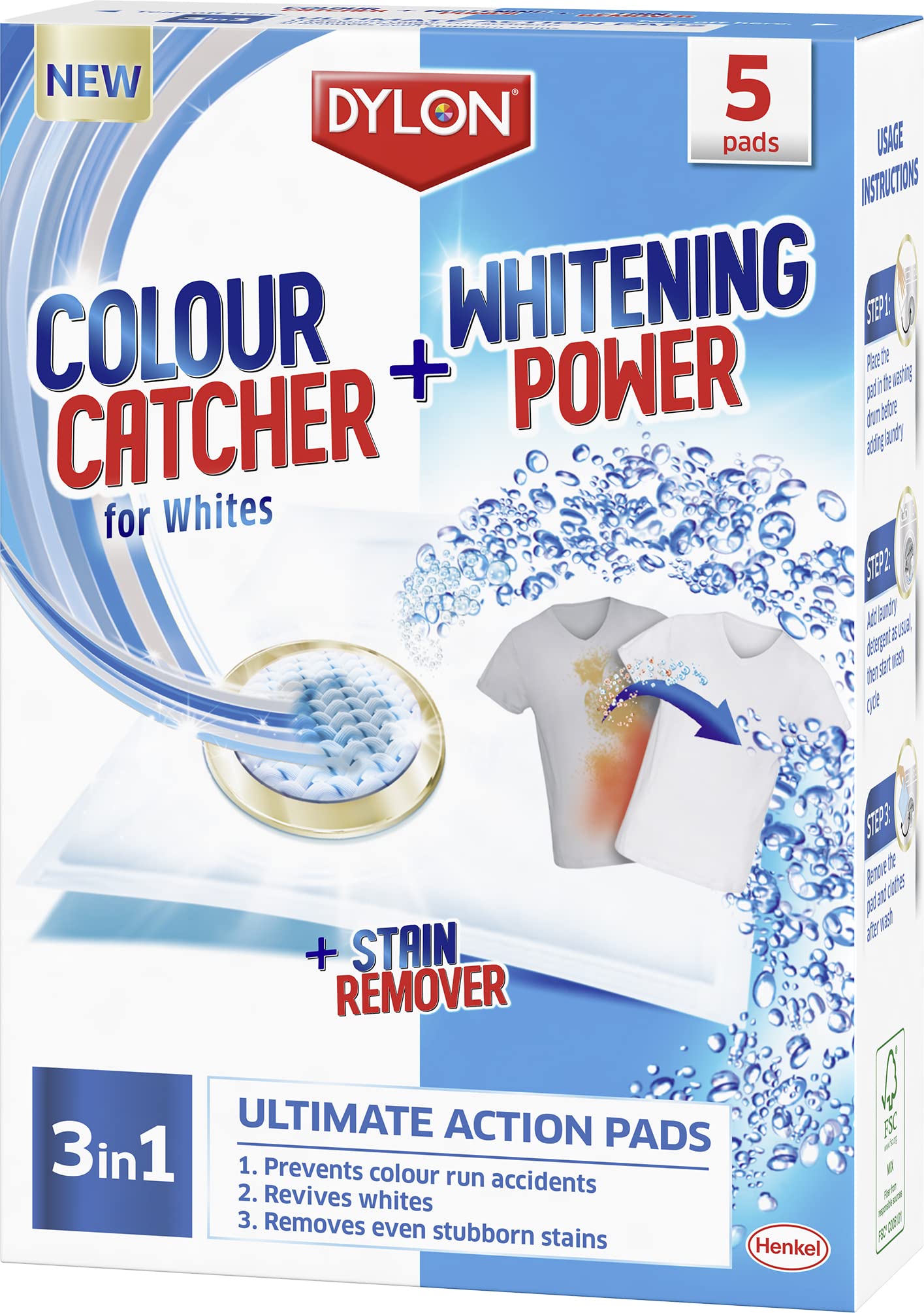 Dylon Colour Catcher Whitening Power + Stain Remover for Whites 3 in 1 ...