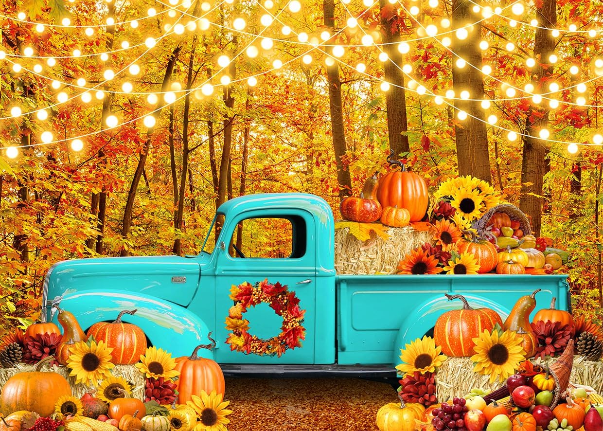 Amazon.com : LYRYGS Thanksgiving Photo Backdrop Fall Forest Blue Truck ...