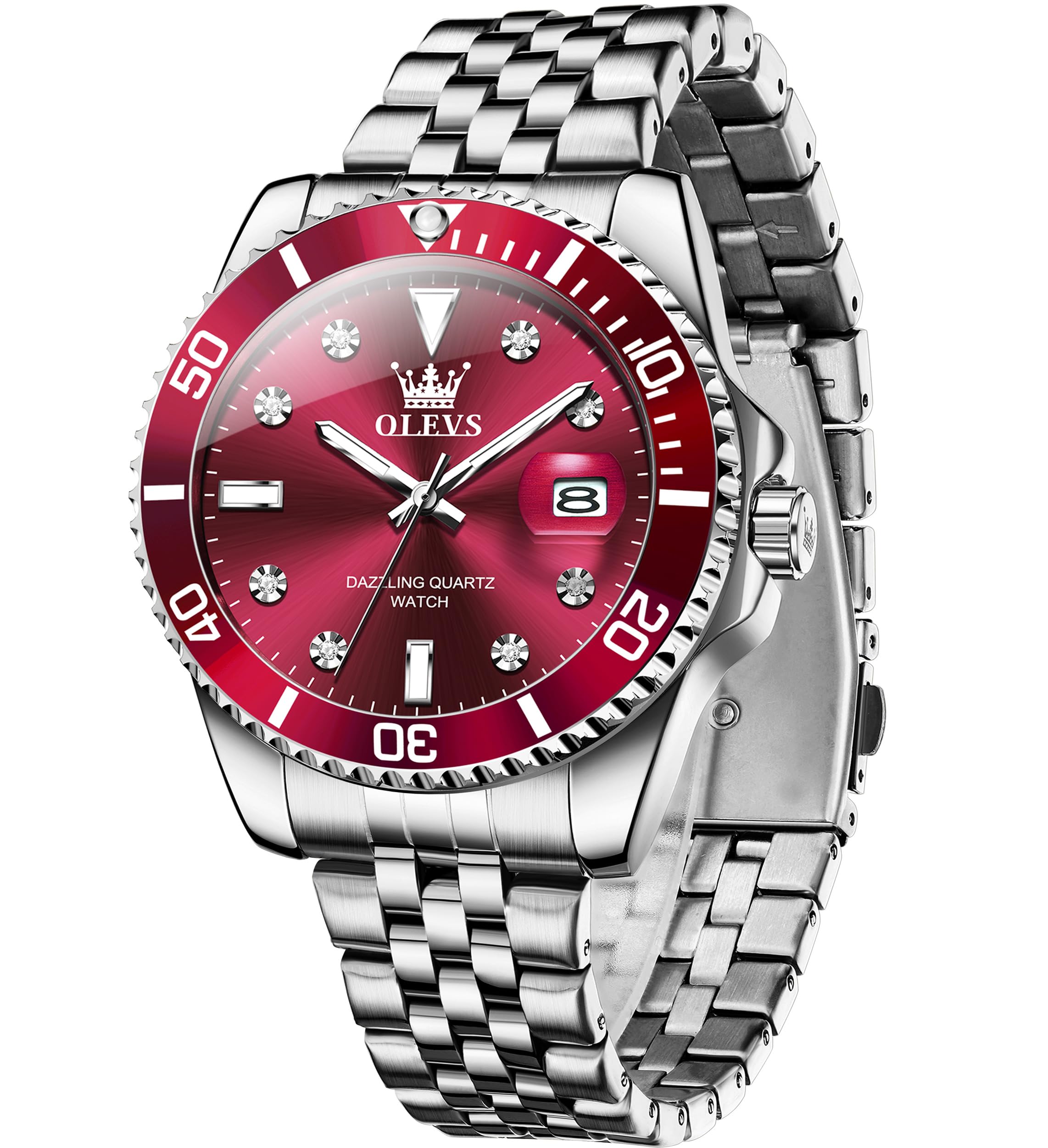 OLEVS Watch for Men Red Dail Stainless Steel Mens Watches Silver ...