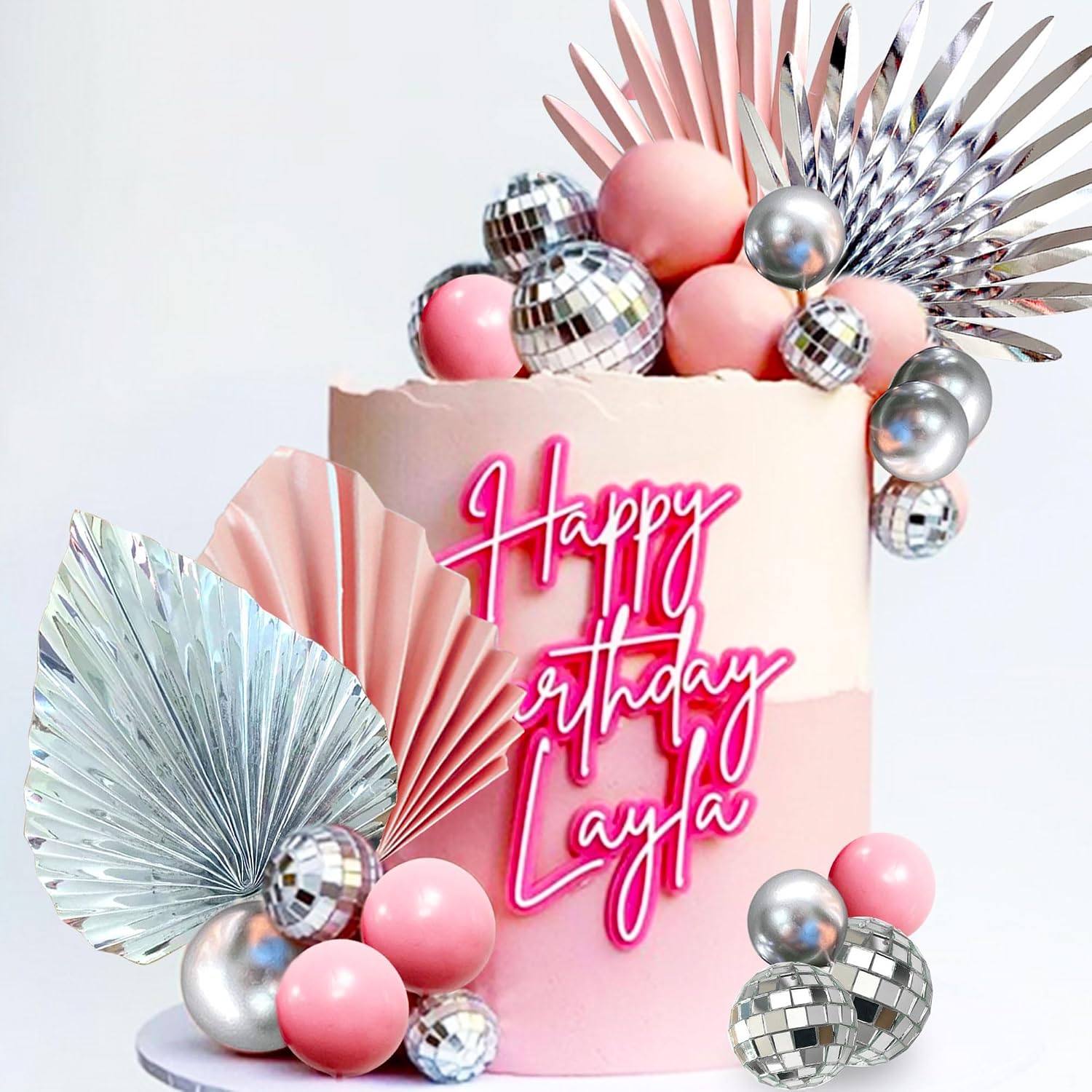 Amazon.com: JeVenis Pink Sliver Disco Balls Cake Decoration Silver Palm ...