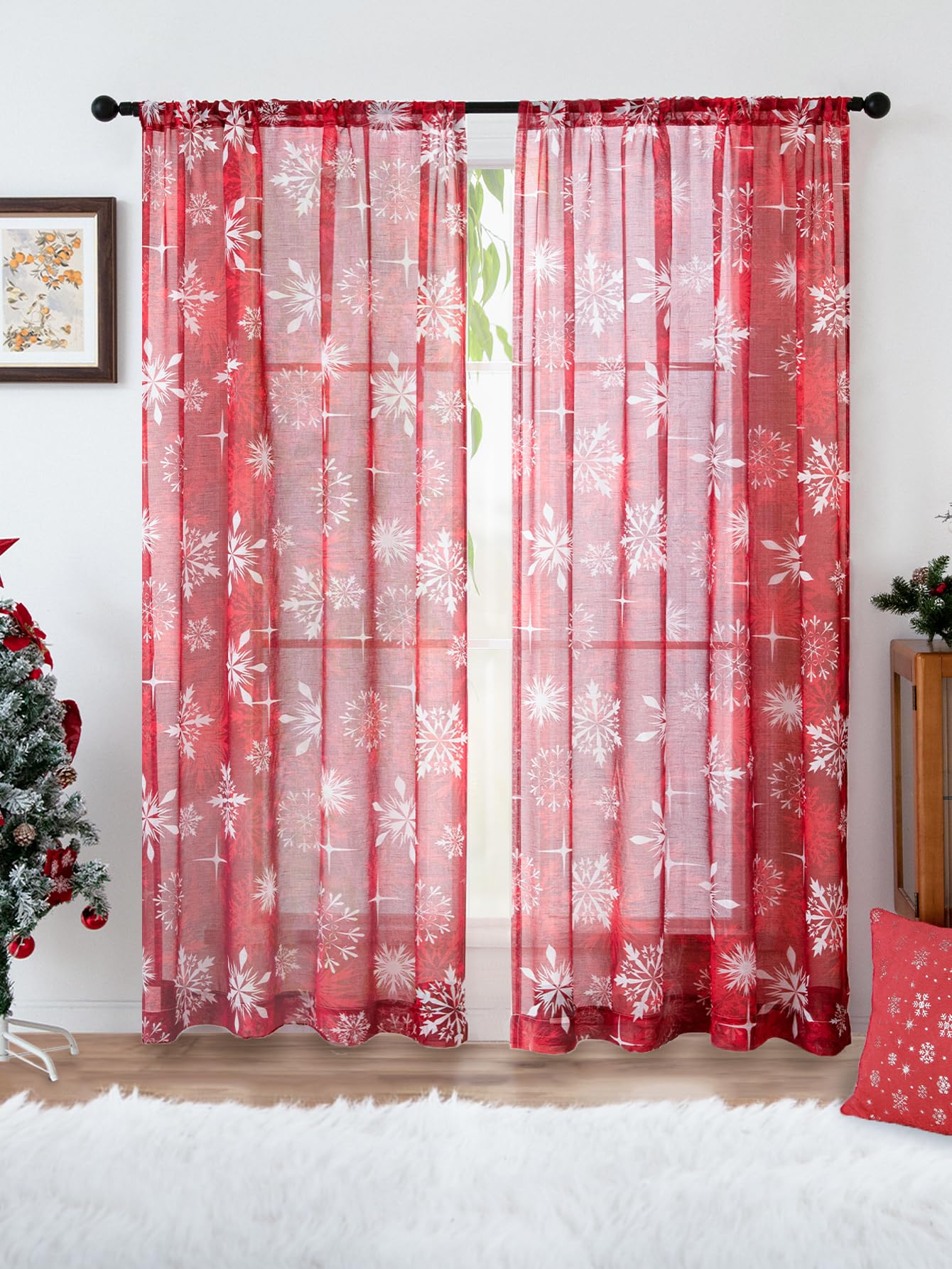 Amazon.com: BROSHAN Red Christmas Sheer Curtains 63 inch Length ...