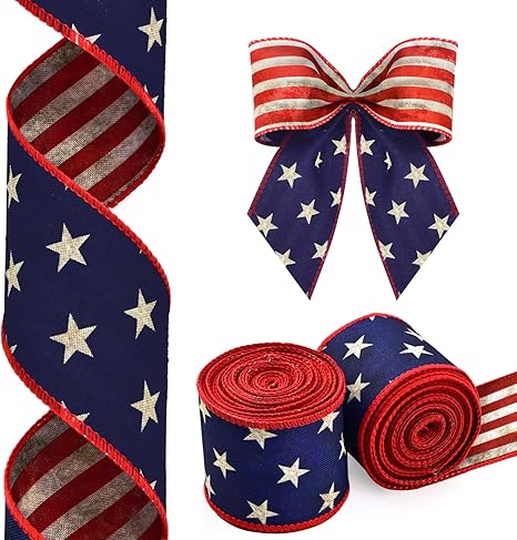 Amazon.com: 2 Rolls Patriotic Wired Edge Ribbon Stars and Stripes ...