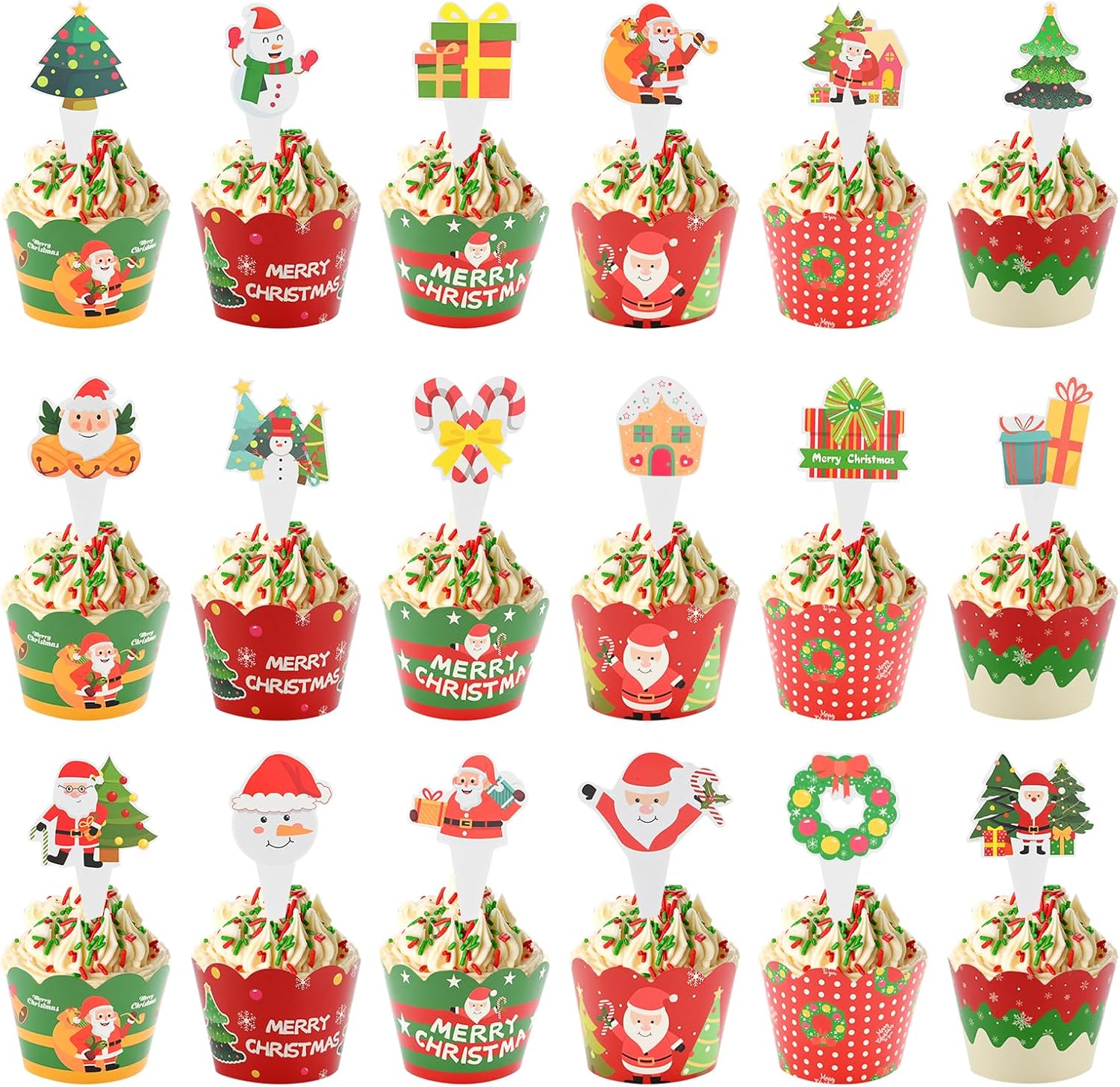 18 Sets Christmas Cake Topper and Wrapper Set, Cupcake Wrapper Toppers ...