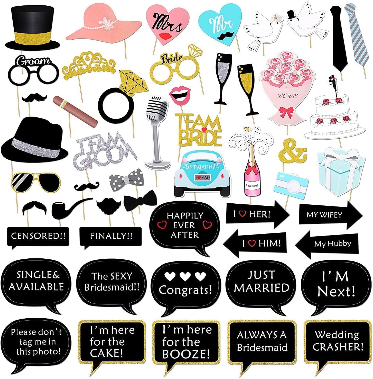 Amazon.com: Wedding Photo Booth Props Kit, Konsait Bridal Shower Photo ...