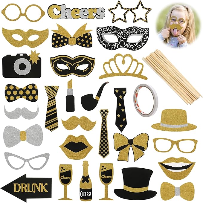 Photo Booth Props, 30 PCS Black and Gold Party Decorations for Adults ...