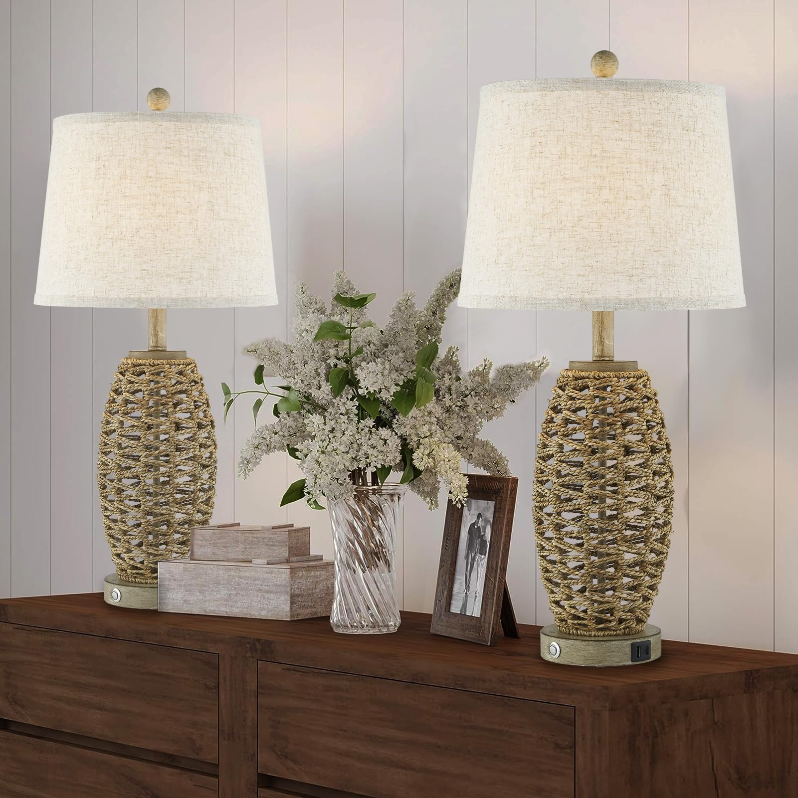 Natural Woven Jute Rope Table lamp, 27 inch with USB Port，3-Way ...