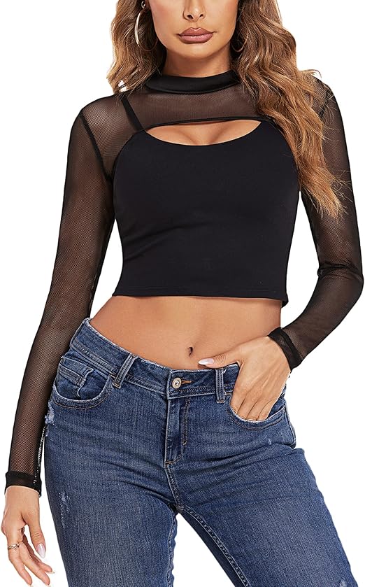 Avidlove Crop Tops for Women Y2k Tops Mesh Top Sheer Long Sleeve Tops ...