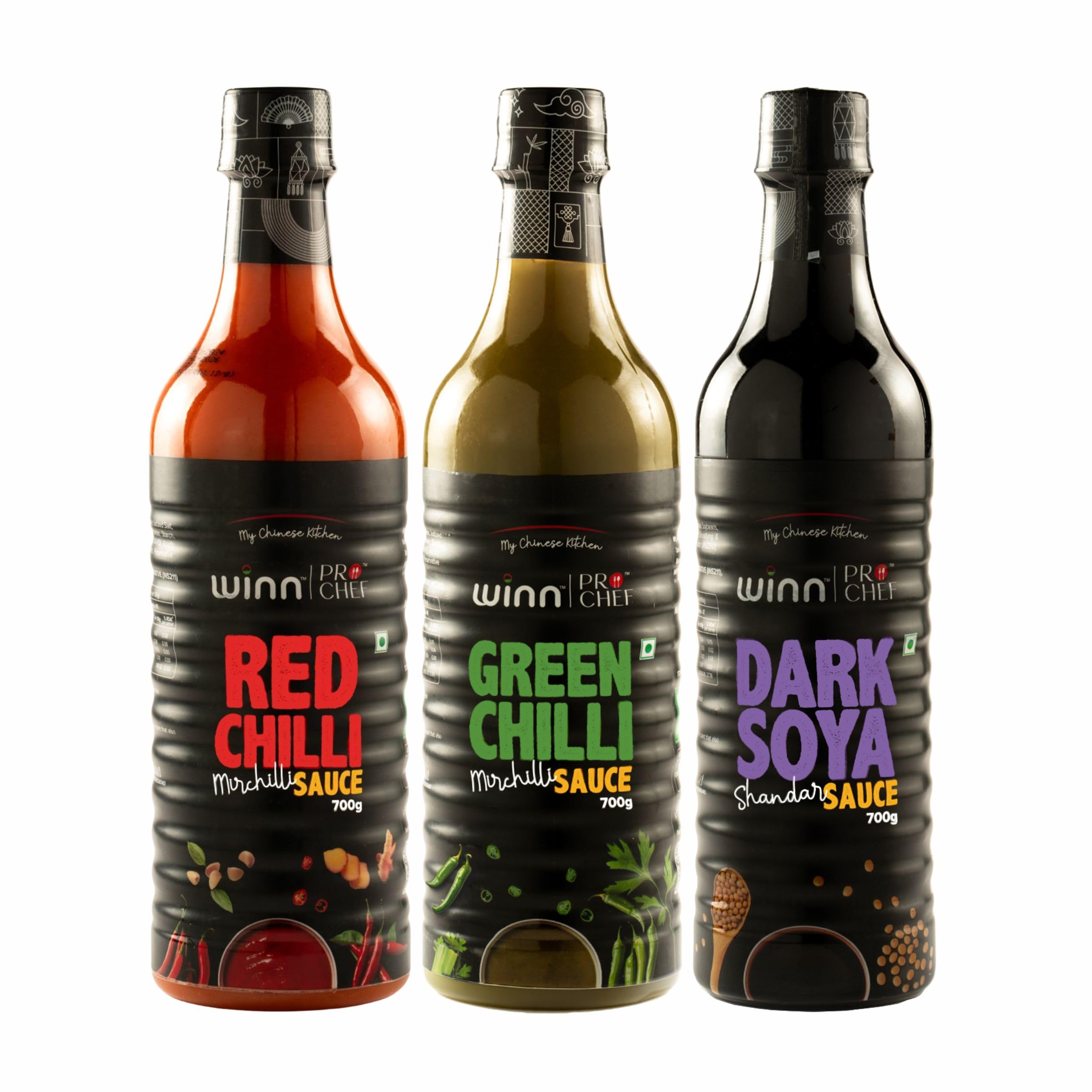 Winn Pro Chef Red Chilli Sauce 700g, Green Chilli Sauce 700g, Dark Soya ...