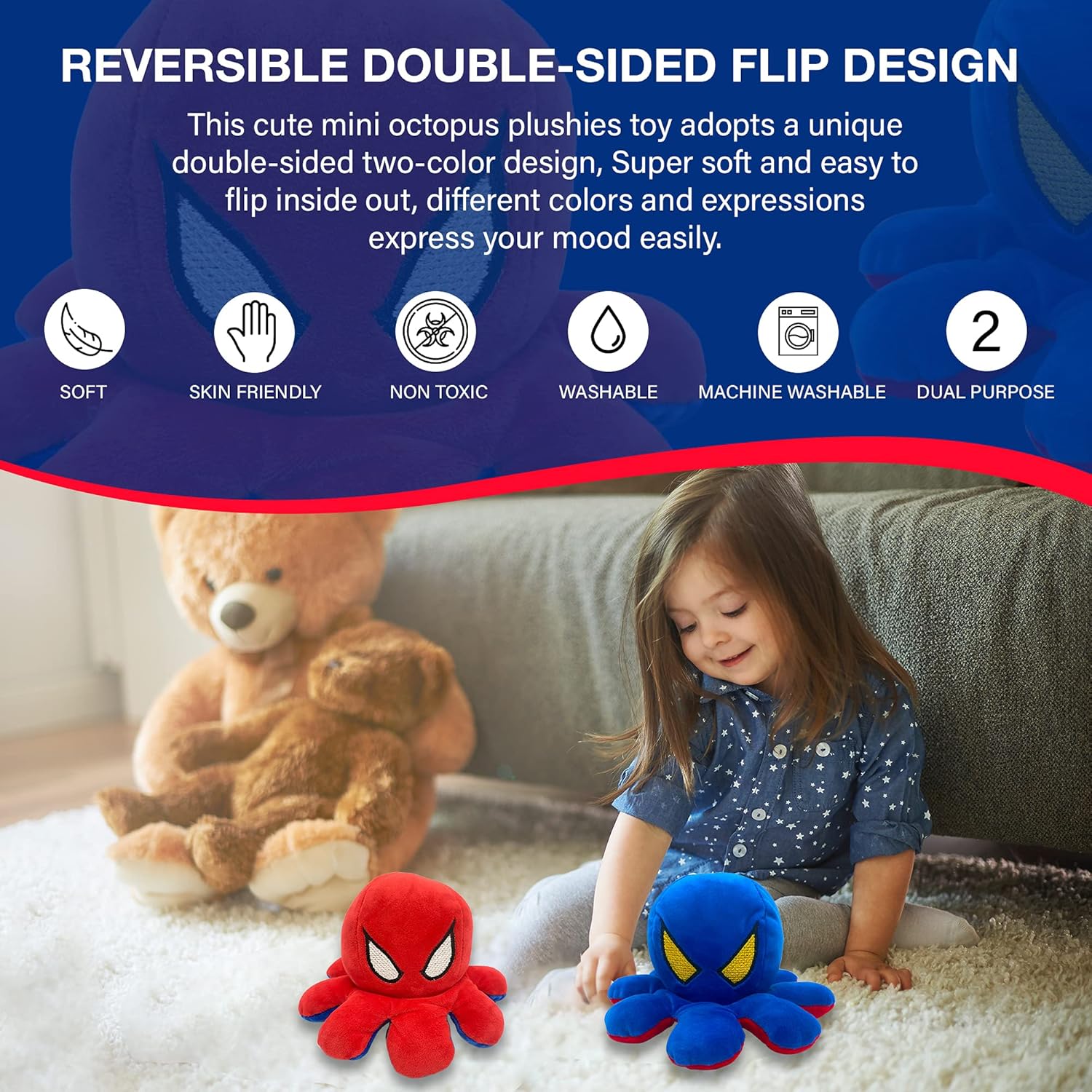 Octopus Reversible Plushie, Double-Sided Flip Reversible Octopus Plush ...