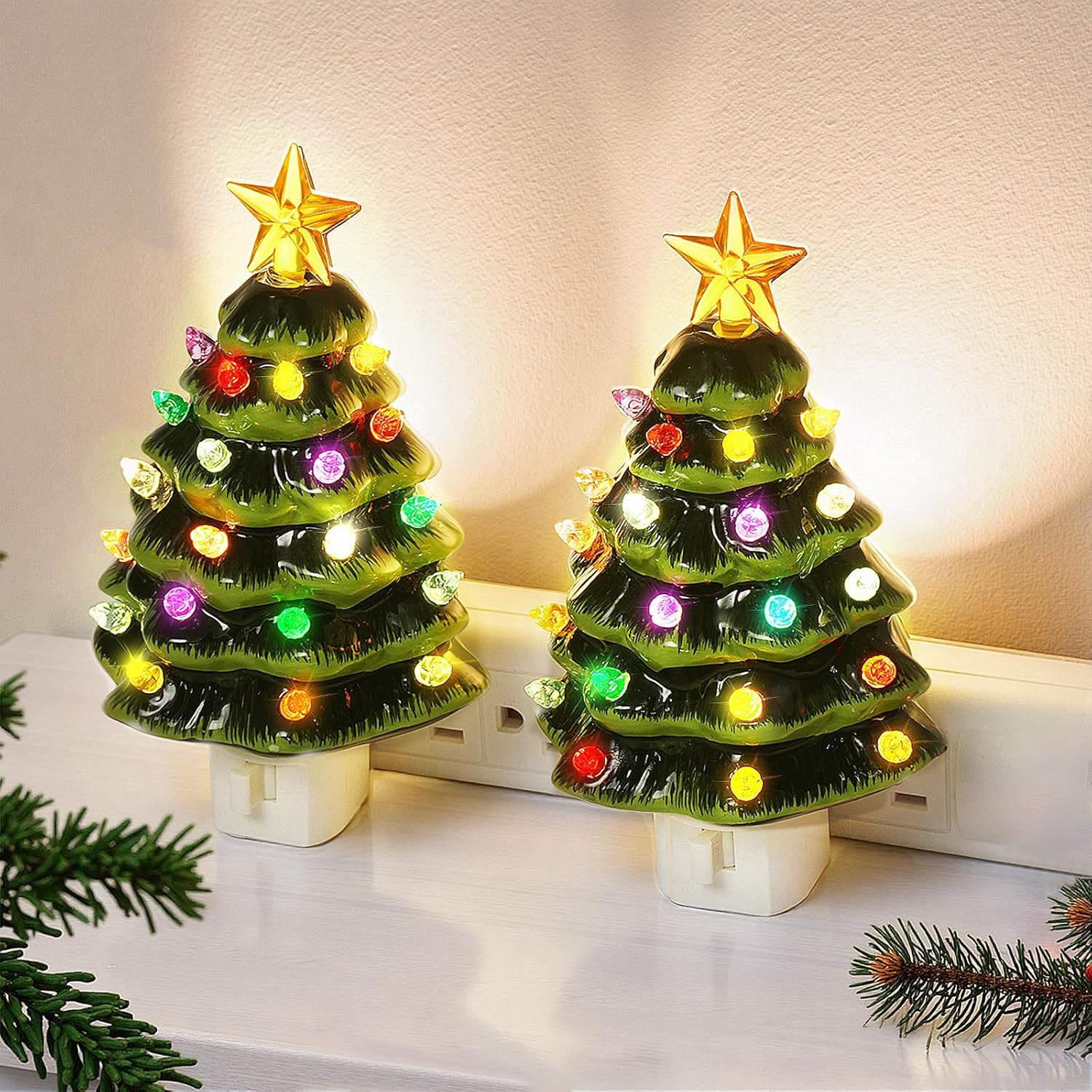 Brightever Ceramic Christmas Tree Night Lights, 2-Pack Plug-in 6" H ...