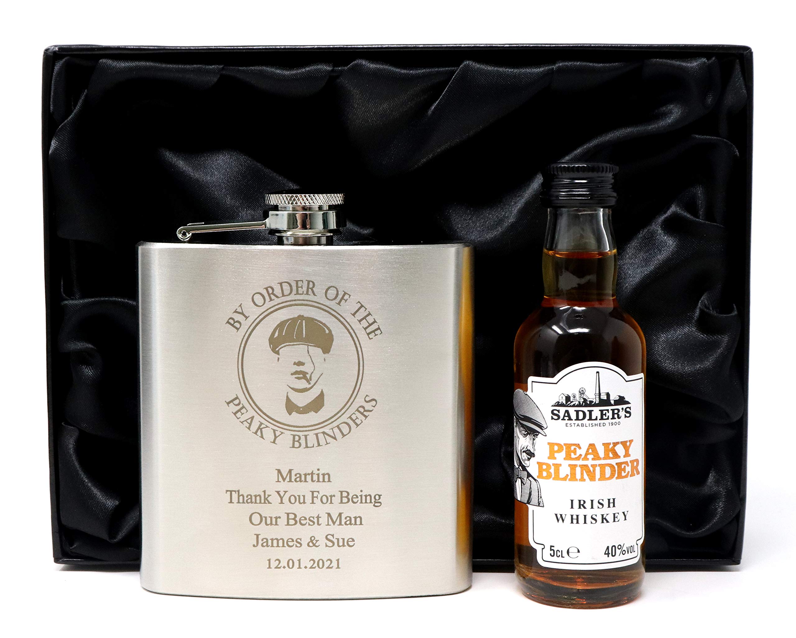 Buy Personalised Silver Hip Flask & Miniature in Silk Gift Box - Peaky ...
