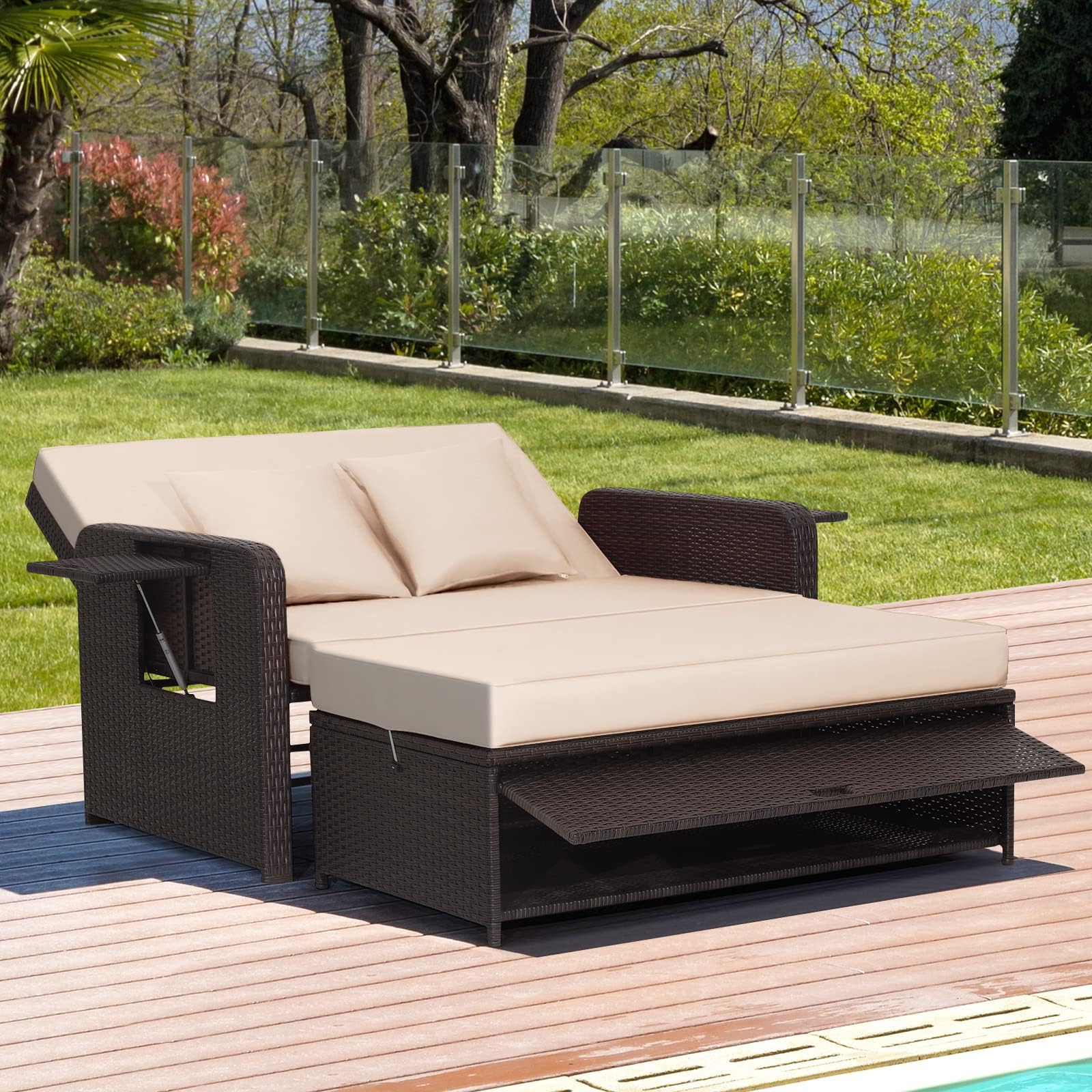 COSTWAY Sonnenliege Rattan für 2 Personen, Gartenliege mit Dach ...