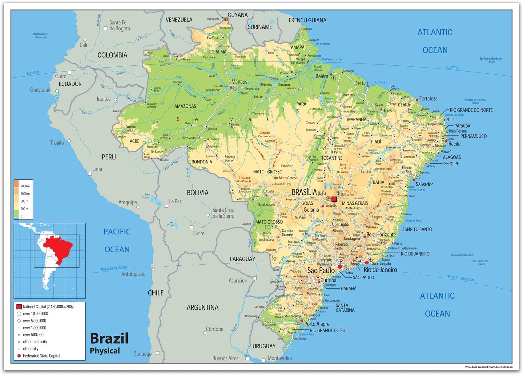 Physical Map of Brazil - Size A1-59.4 x 84.1cm - Paper Laminated ...