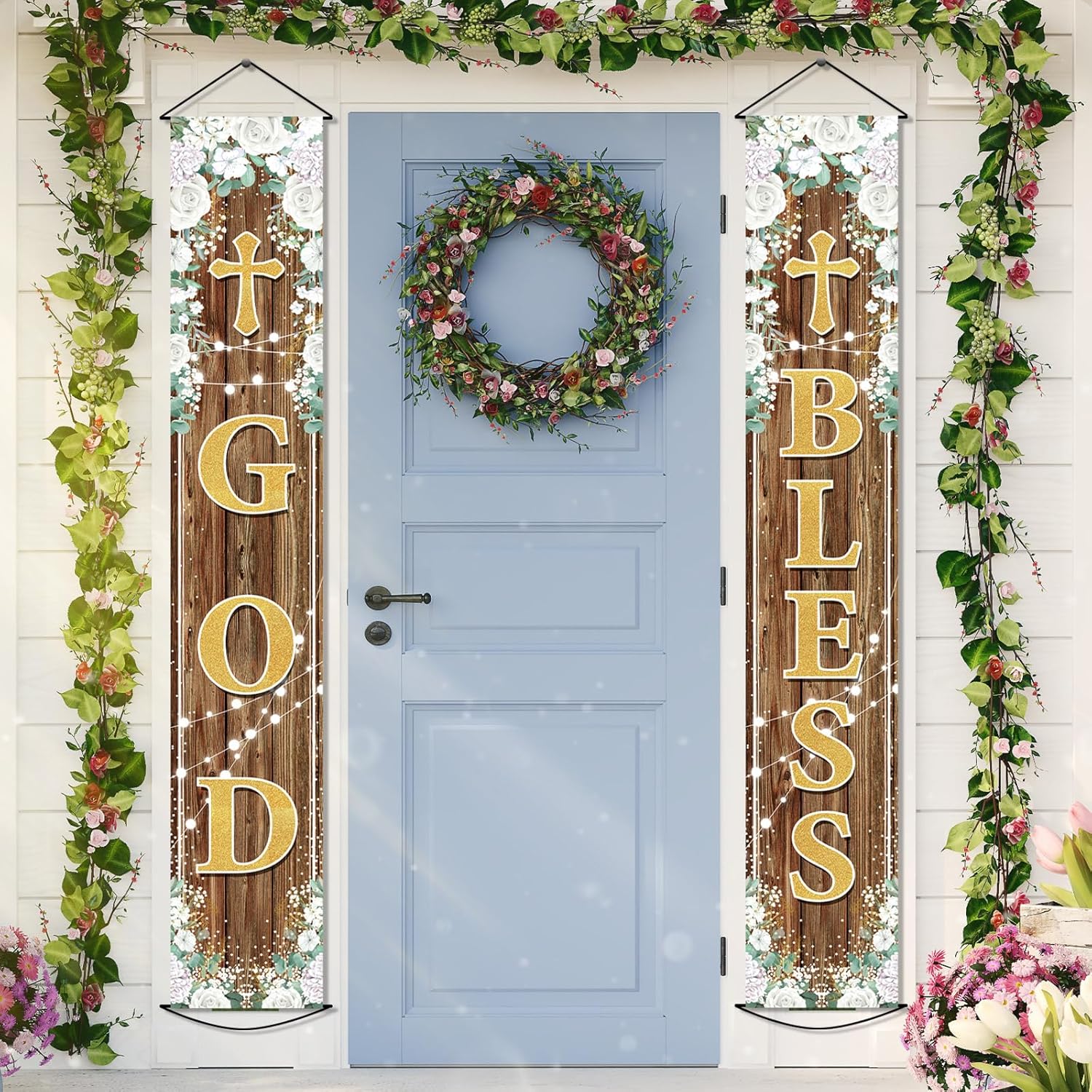 Amazon.com: 2 Pcs God Bless Door Banners First Holy Party Decorations ...