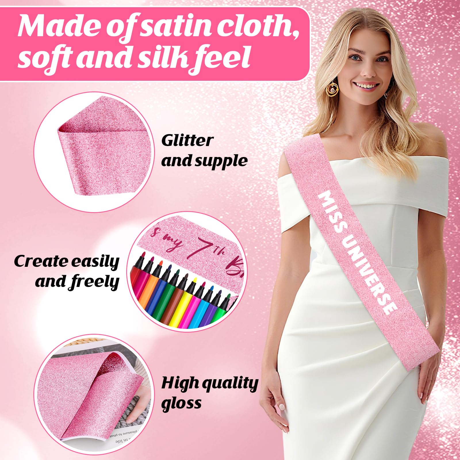 Snapklik.com : 8Pcs Sash Satin Sash Glitter Pink Blank Sash Blank ...