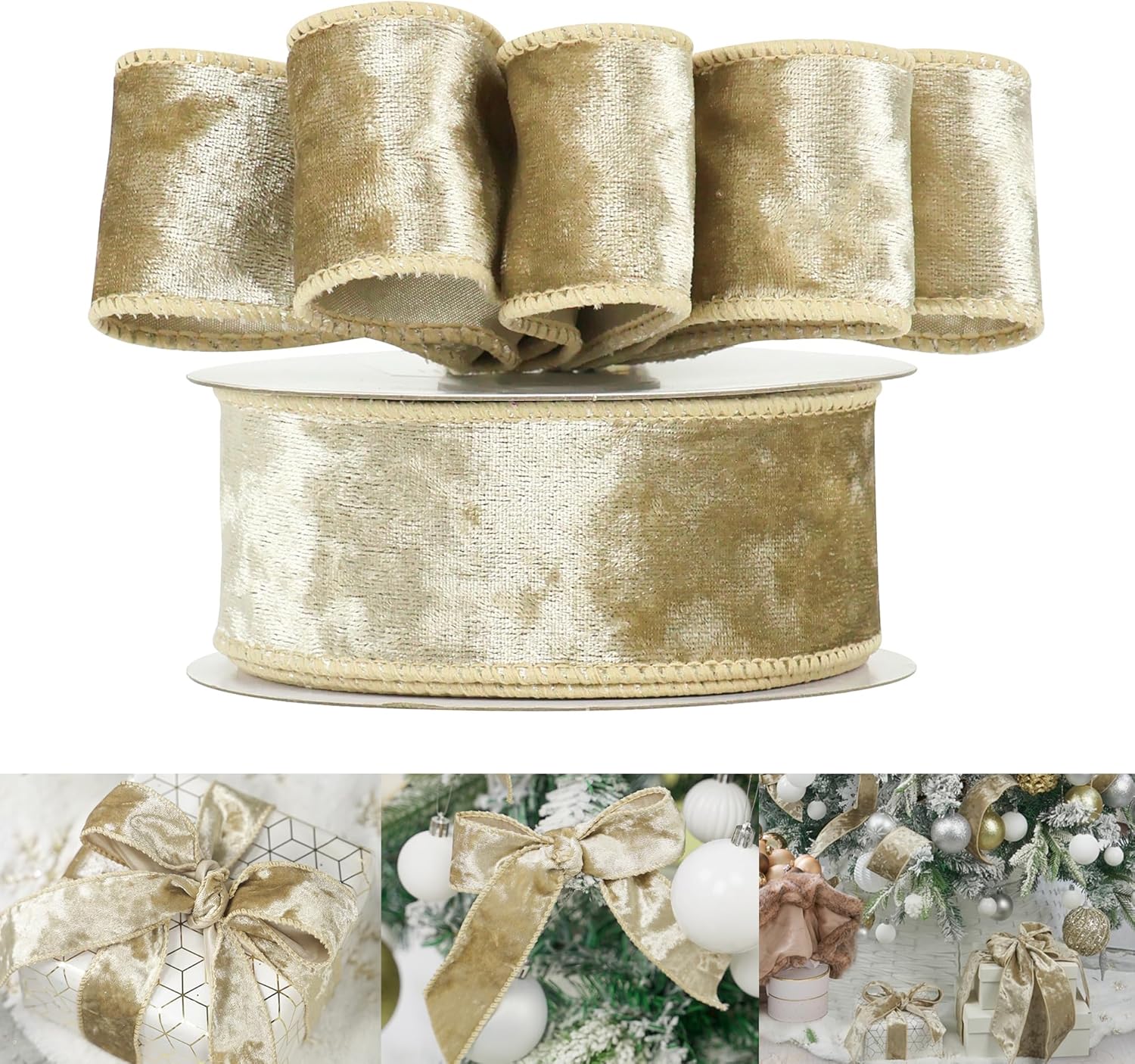 Amazon.com: HUIHUANG Champagne Velvet Wired Ribbon 1-1/2 inch ...