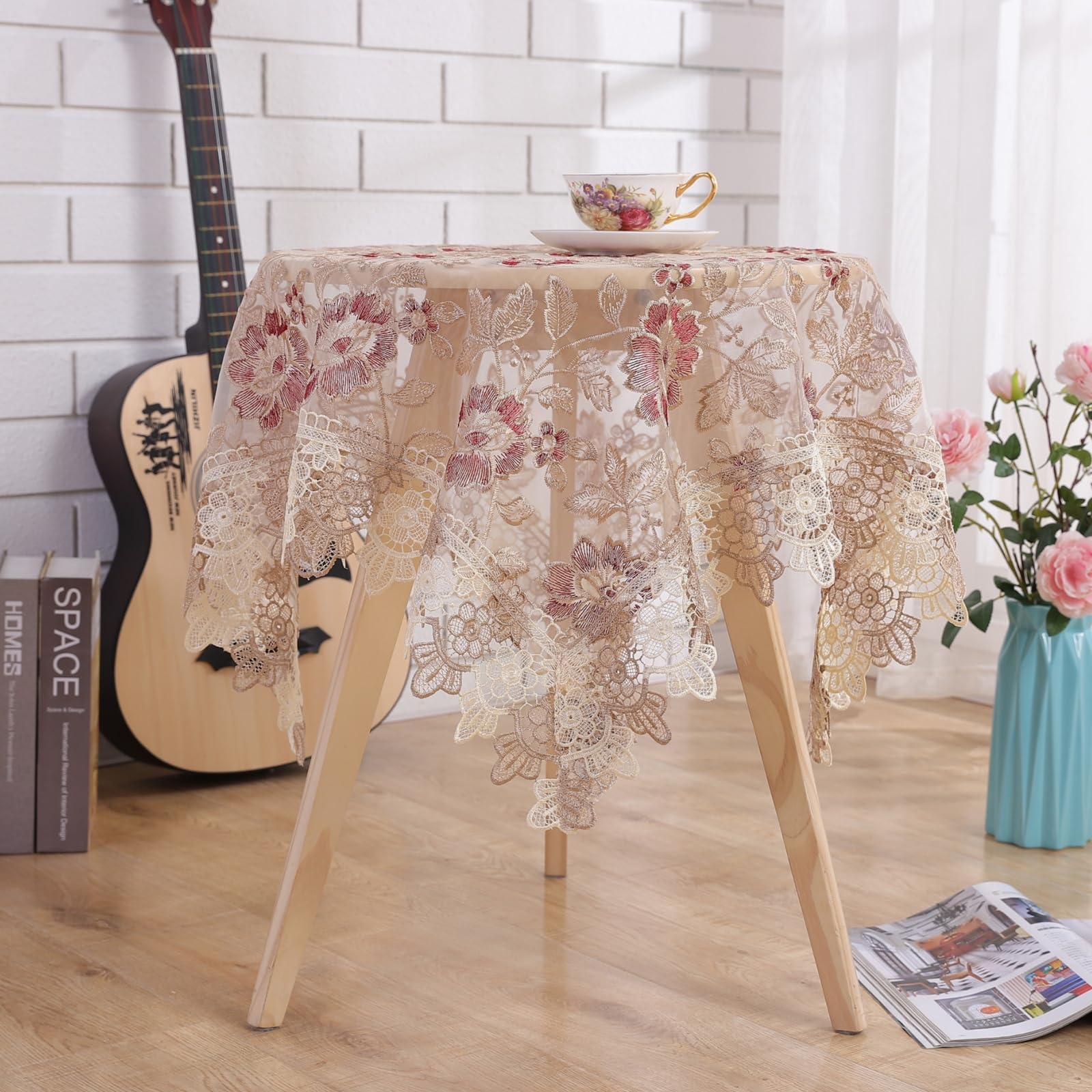 Amazon.com: Red Lace Tablecloth Embroidered Elegant Floral Patterns ...