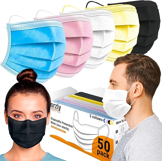 Orzly Disposable Face Masks Pack of 50 Assorted Colours for 3-ply ...