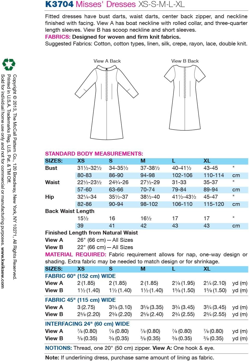 Amazon.com: Kwik Sew K3704 Dresses Sewing Pattern, Size XS-S-M-L-XL ...