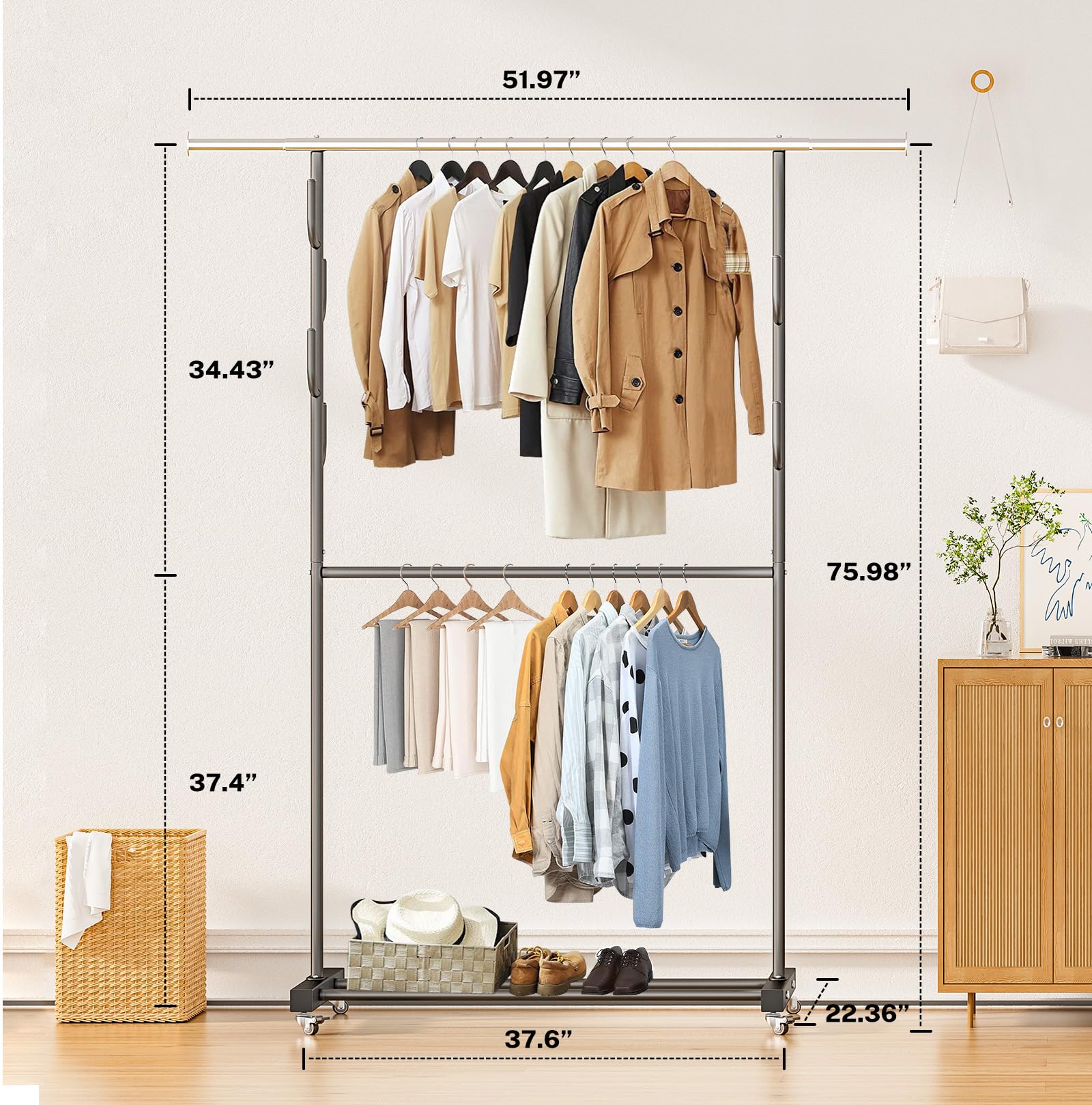 VICERII Clothes Rack, Double Rod Clothing Rack with Extra Height, 51.97 ...