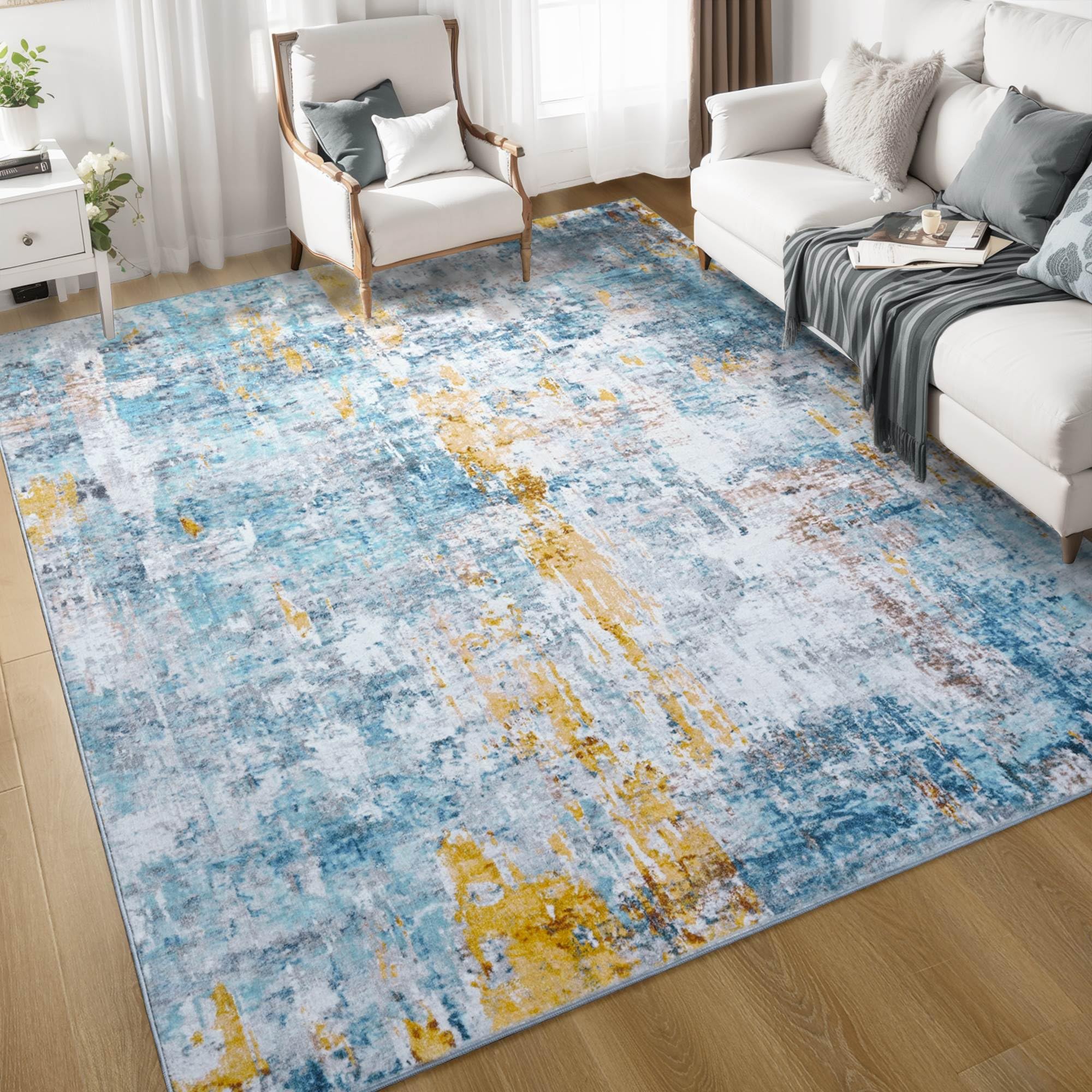 Amazon.com: Ompaa Living Room Rug 6x9 Blue Area Rug Machine Washable ...