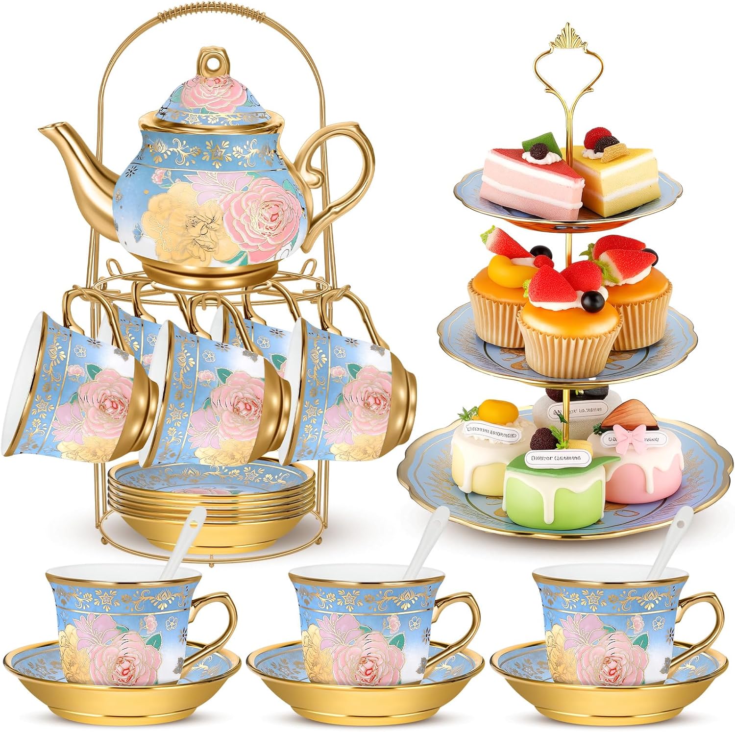 Amazon.com | Suttmin 21pcs Porcelain Teapot Parties Set with Metal ...