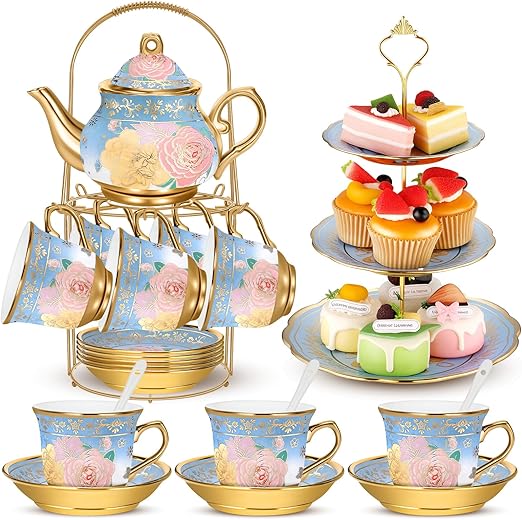 Amazon.com | Suttmin 21pcs Porcelain Teapot Parties Set with Metal ...