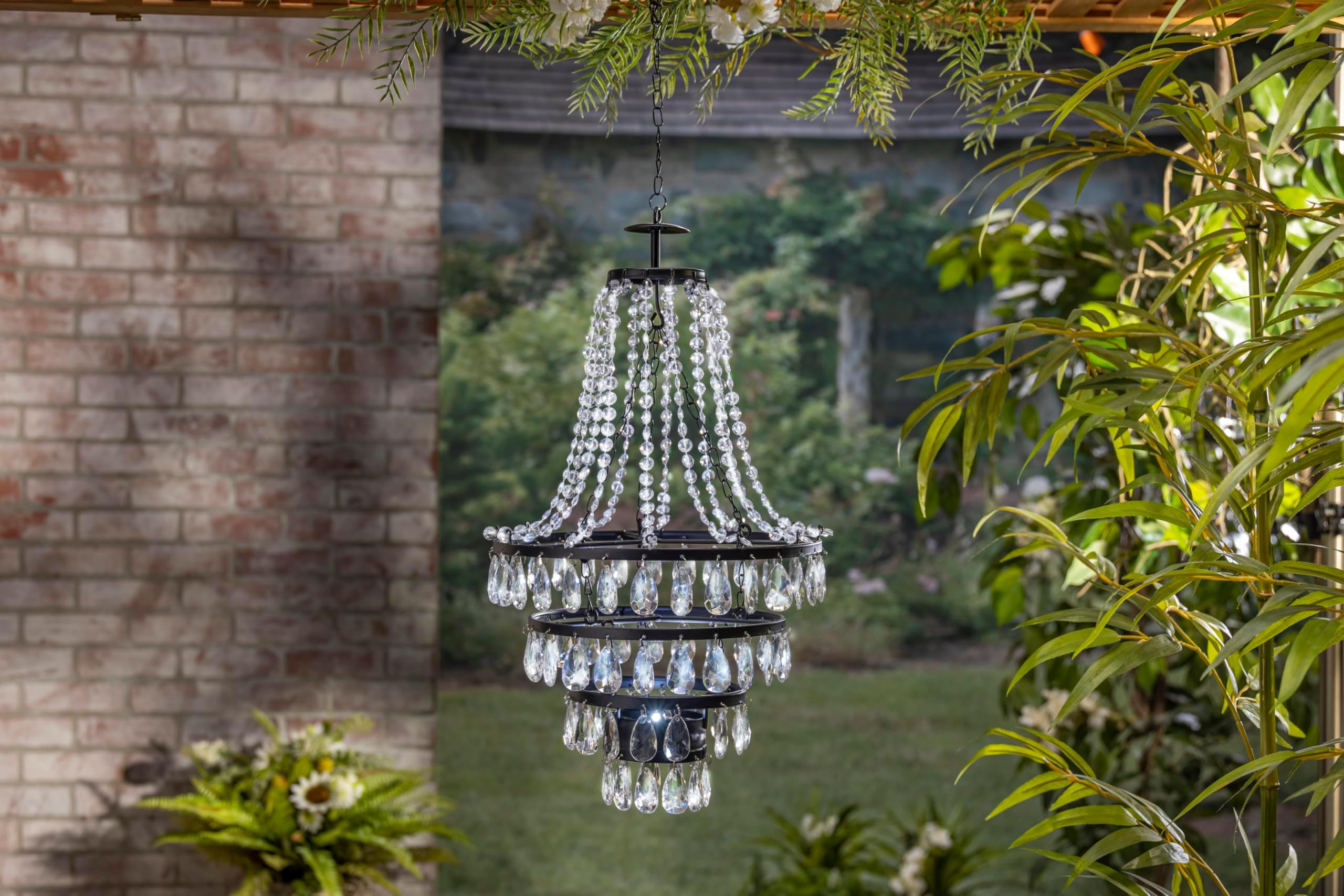 18 Inches Tall Acrylic Crystal Outdoor Solar Chandelier, White ...