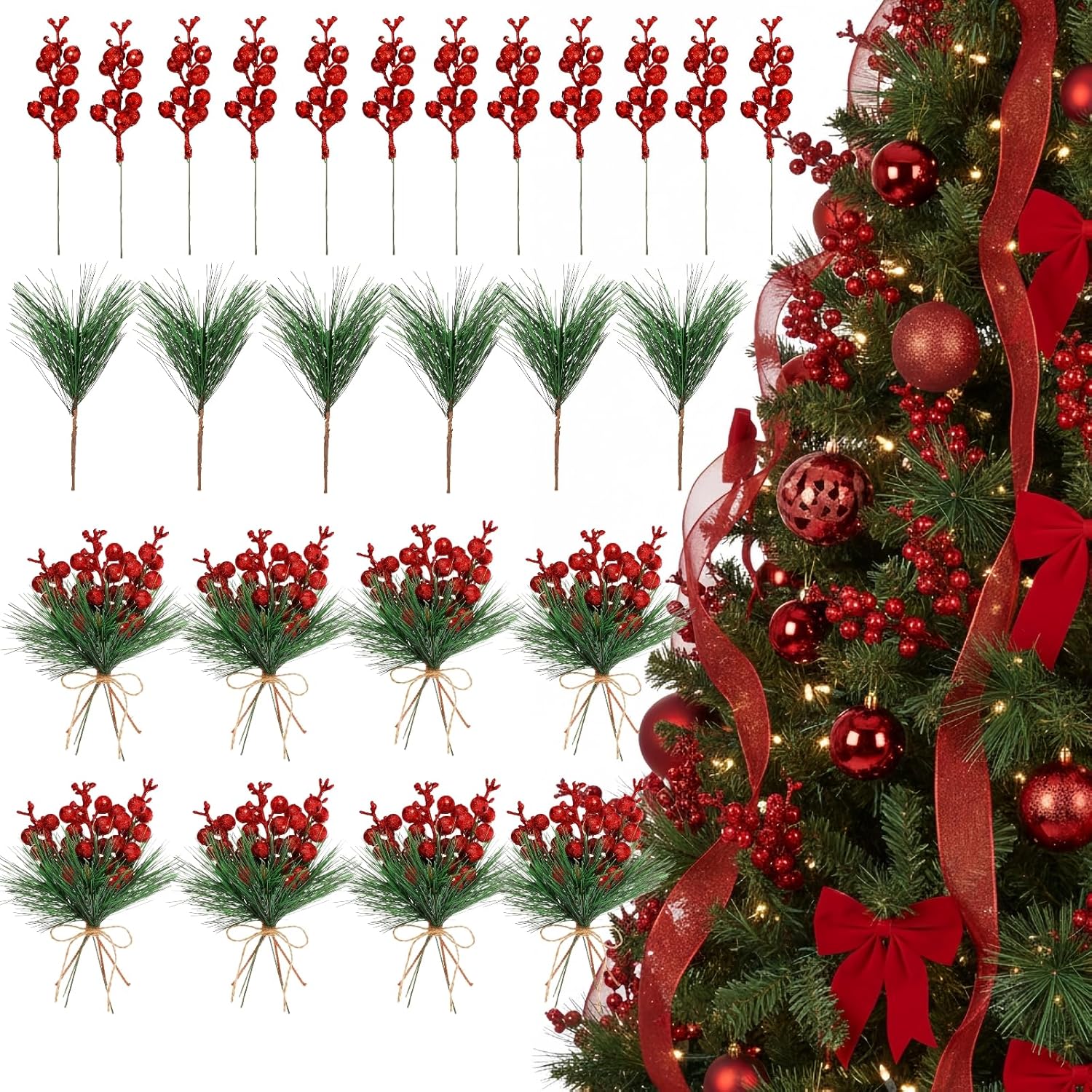 Amazon.com: Geosar 48 Pieces Red Christmas Tree Picks Glitter Berry ...
