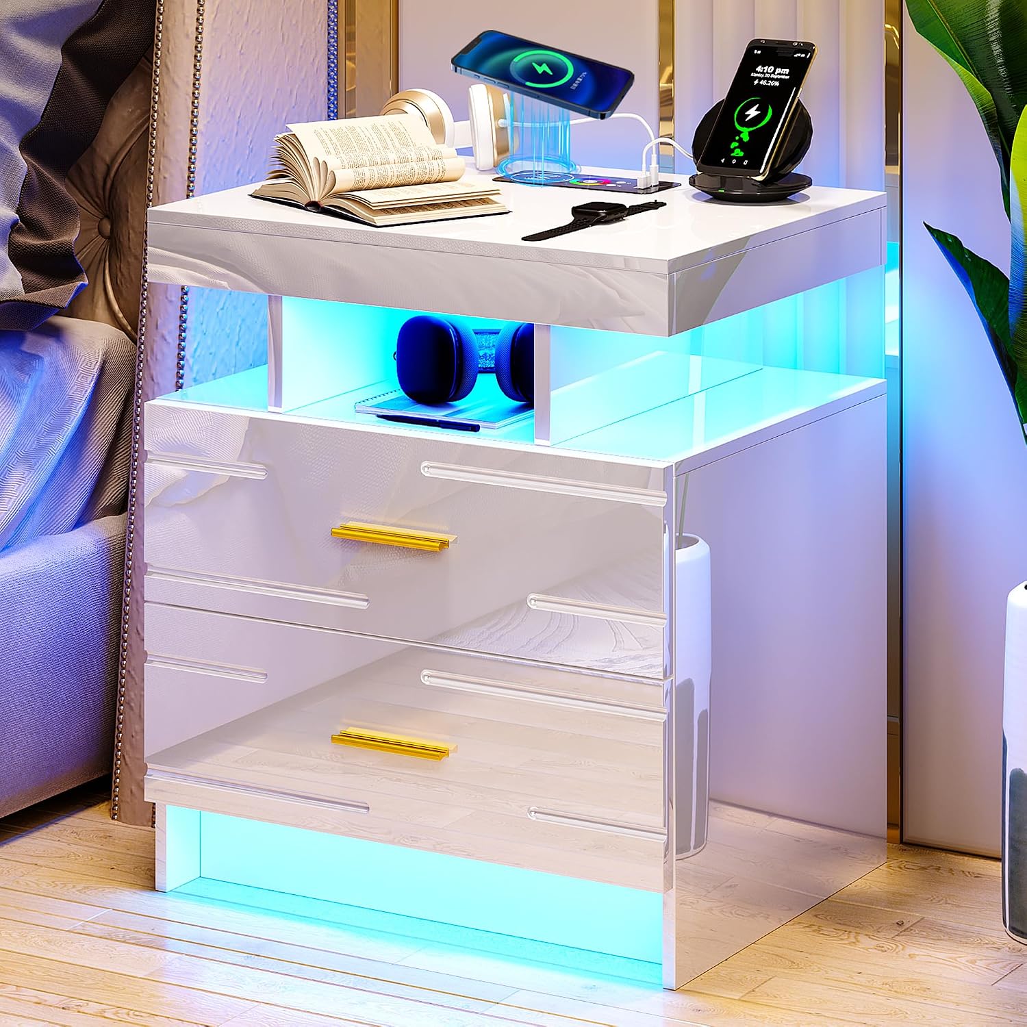 Amazon.com: FOMNEY LED Nightstand with Wireless Charging Station ＆USB ...