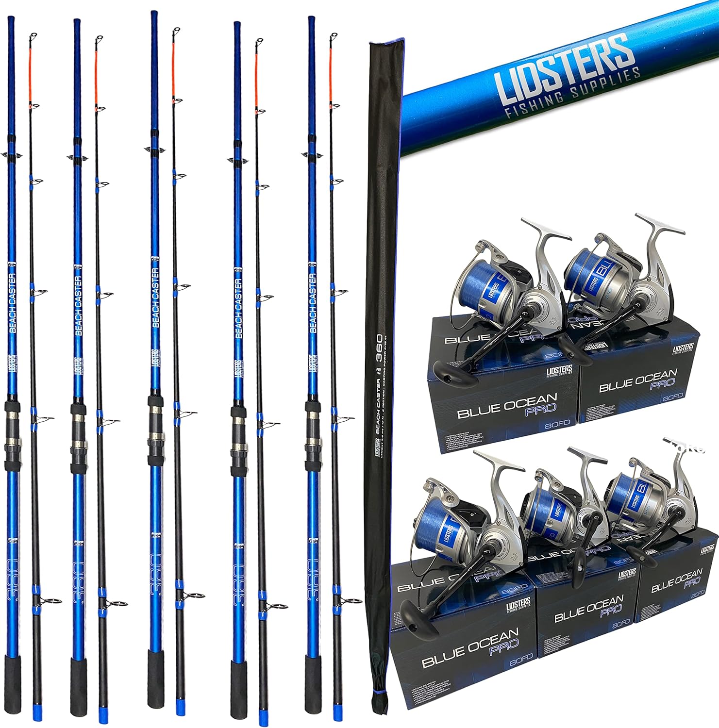 5 LFS Blue Beachcaster Sea Fishing Rods 12ft 2pc + 5 Lidsters Blue ...