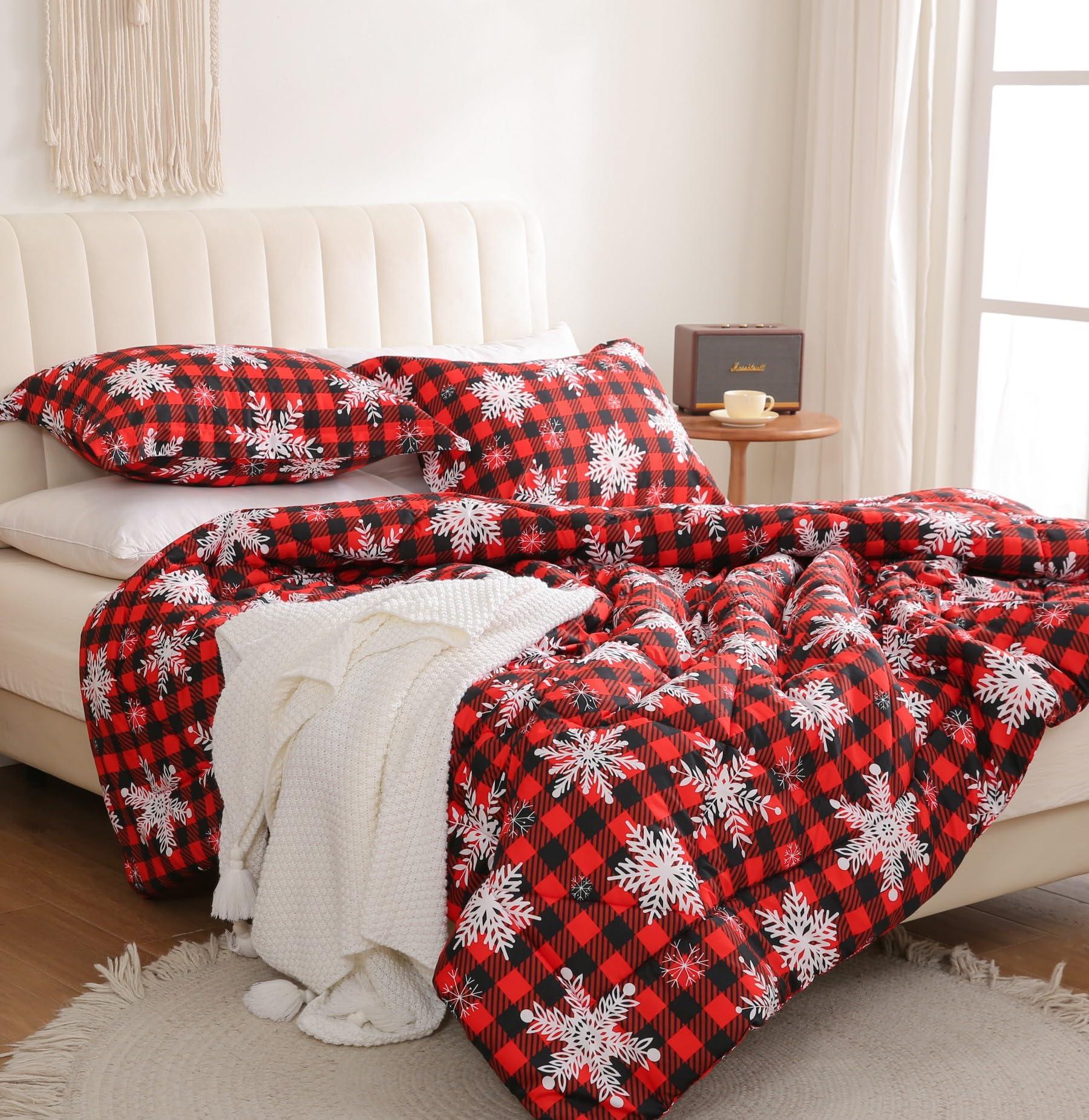 Amazon.com: JSD Red Plaid Snowflakes Comforter Set King Size, 3 Piece ...